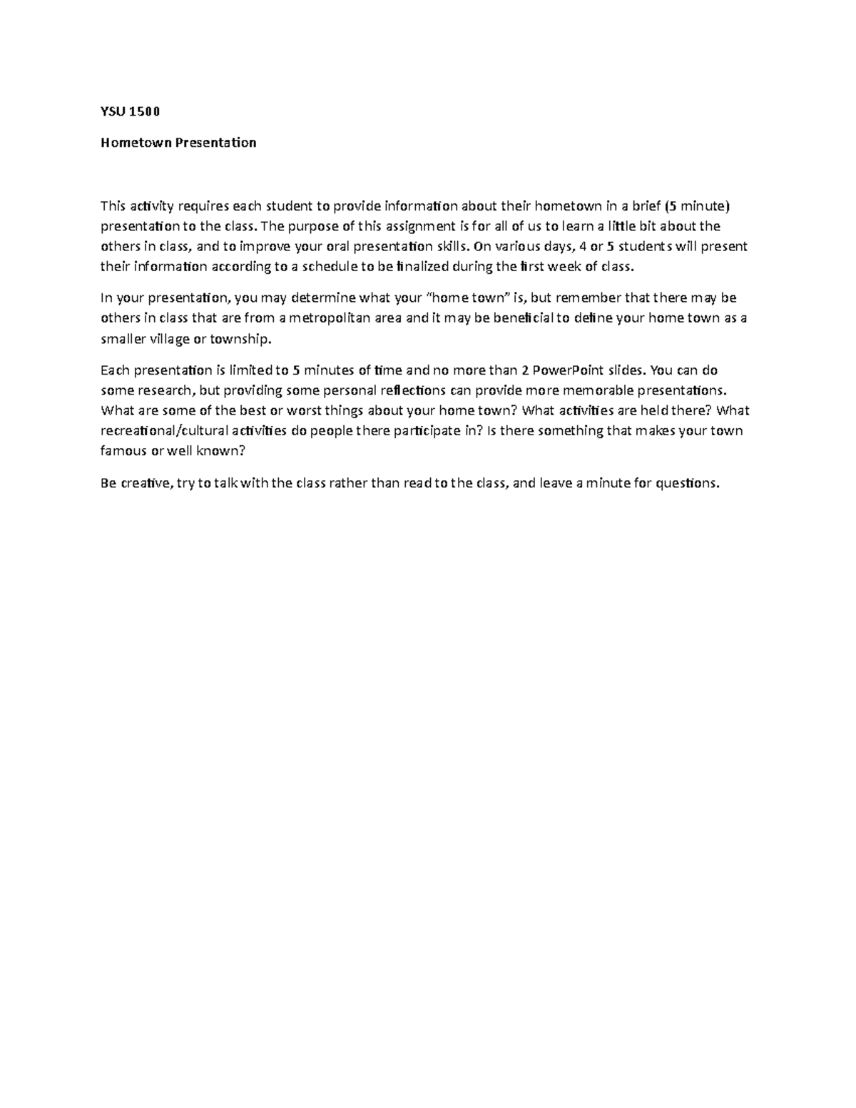 Hometown presentations - YSU 1500 Hometown Presentation This activity ...
