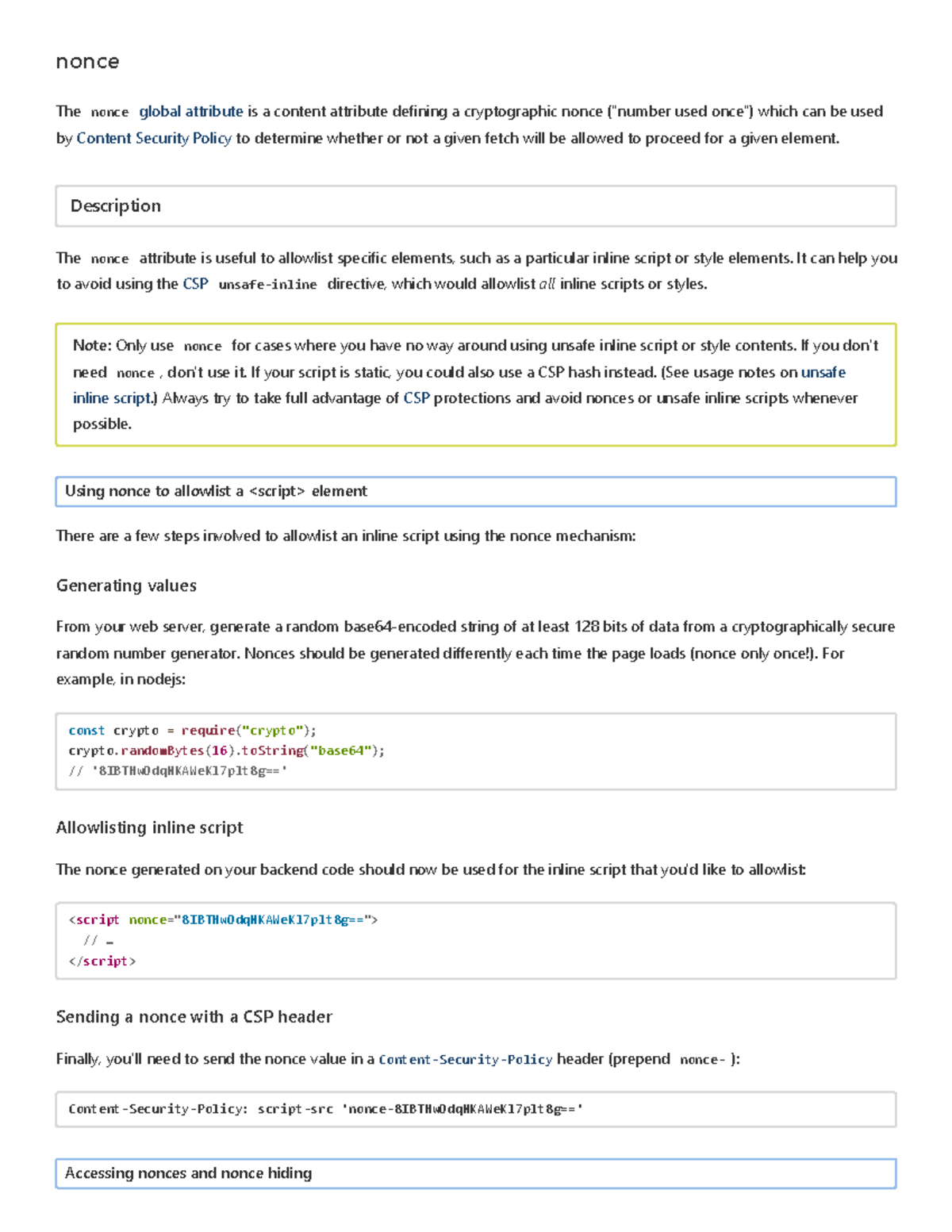 HTML nonce attribute - nonce The nonce global attribute is a content ...