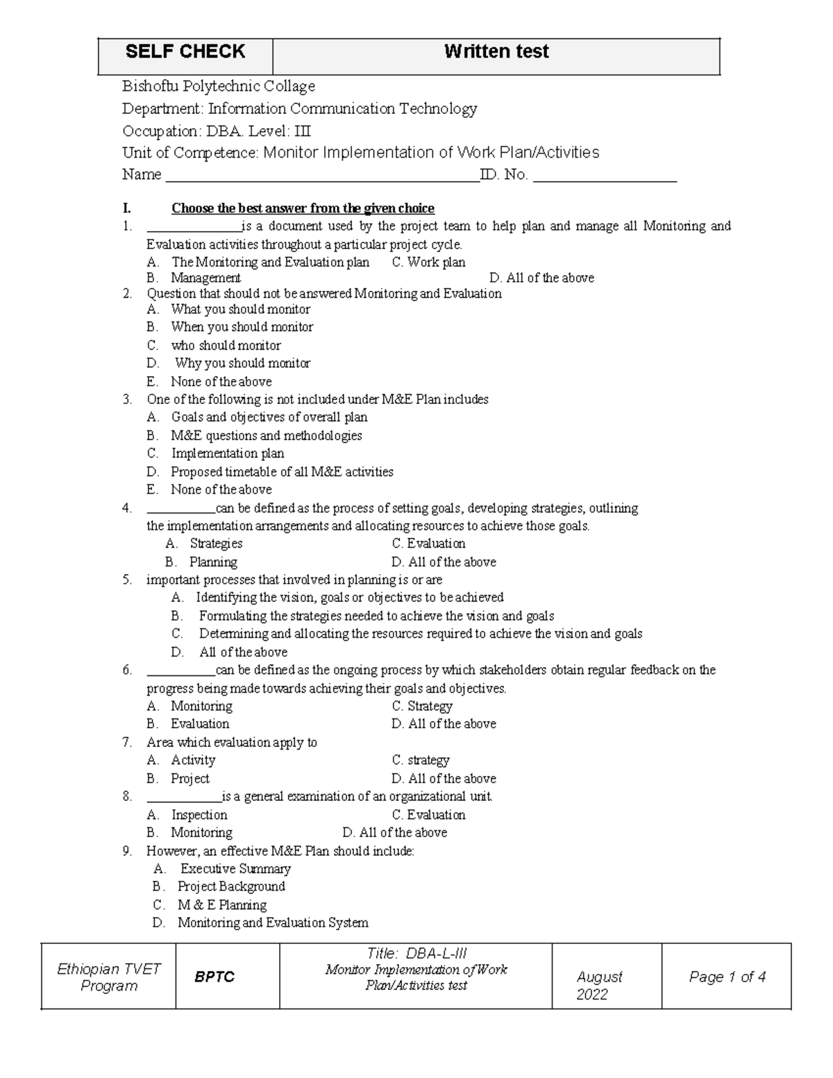 8.E. Monitoring Implementation of Work plan Exam(getlua - Ethiopian ...