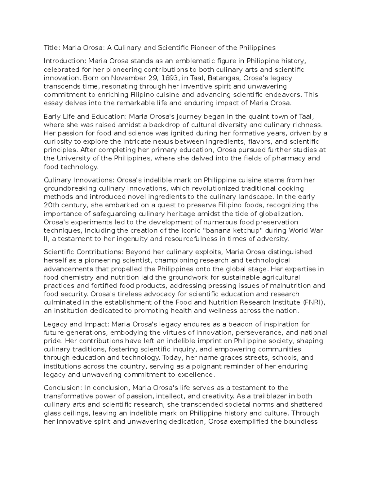 Maria Orosa - LITERARY PIECE - Title: Maria Orosa: A Culinary and ...