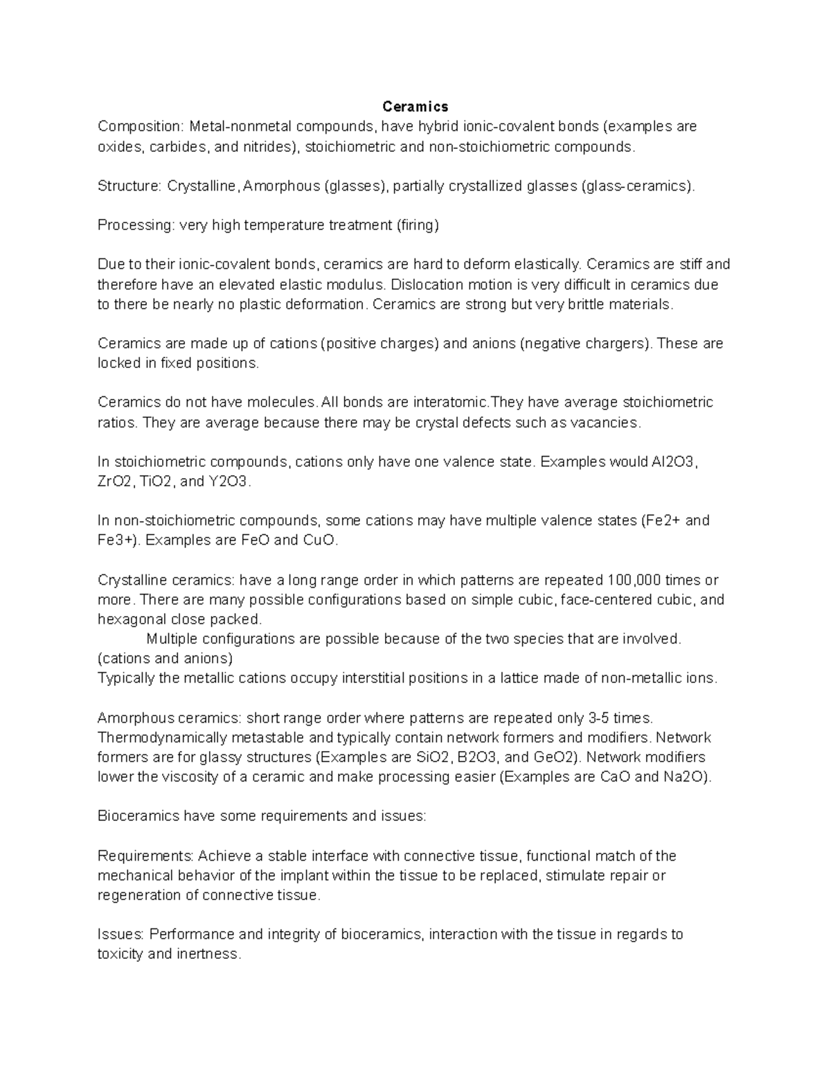 Final Exam Review - Summary Biomaterials - Ceramics Composition: Metal ...