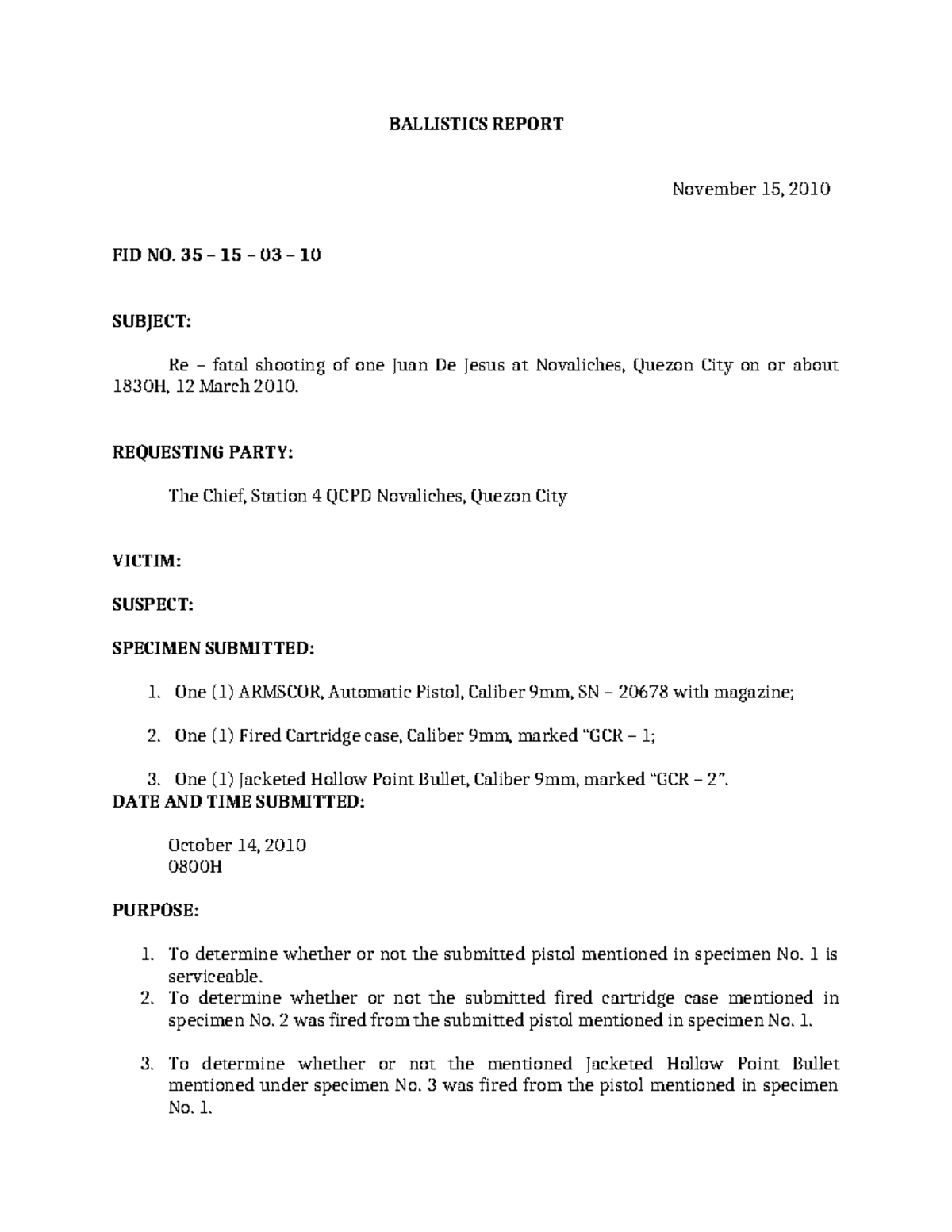 Ballistics Report - ballistic - BALLISTICS REPORT November 15, 2010 FID ...