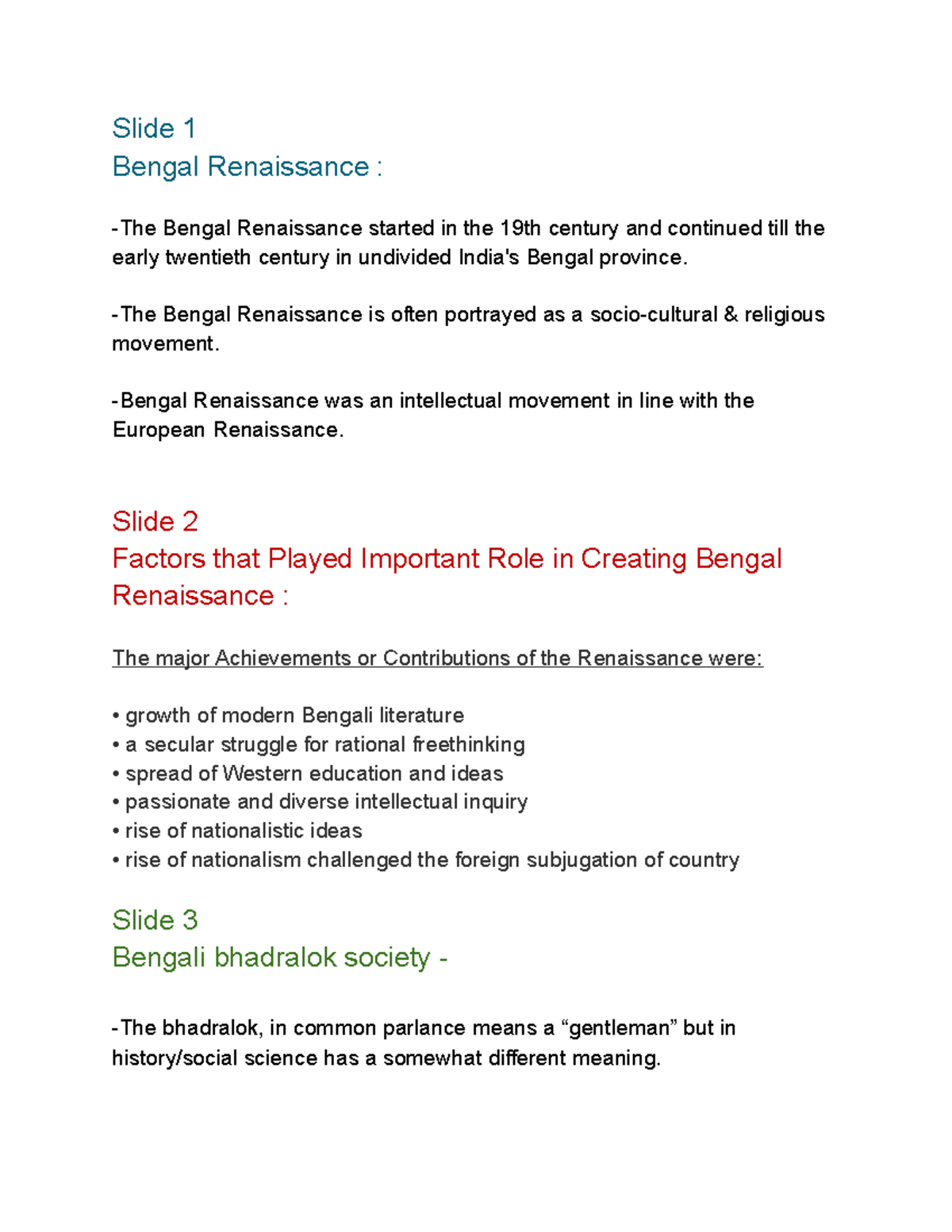 Slide - Lecture notes 8 - Slide 1 Bengal Renaissance : -The Bengal ...