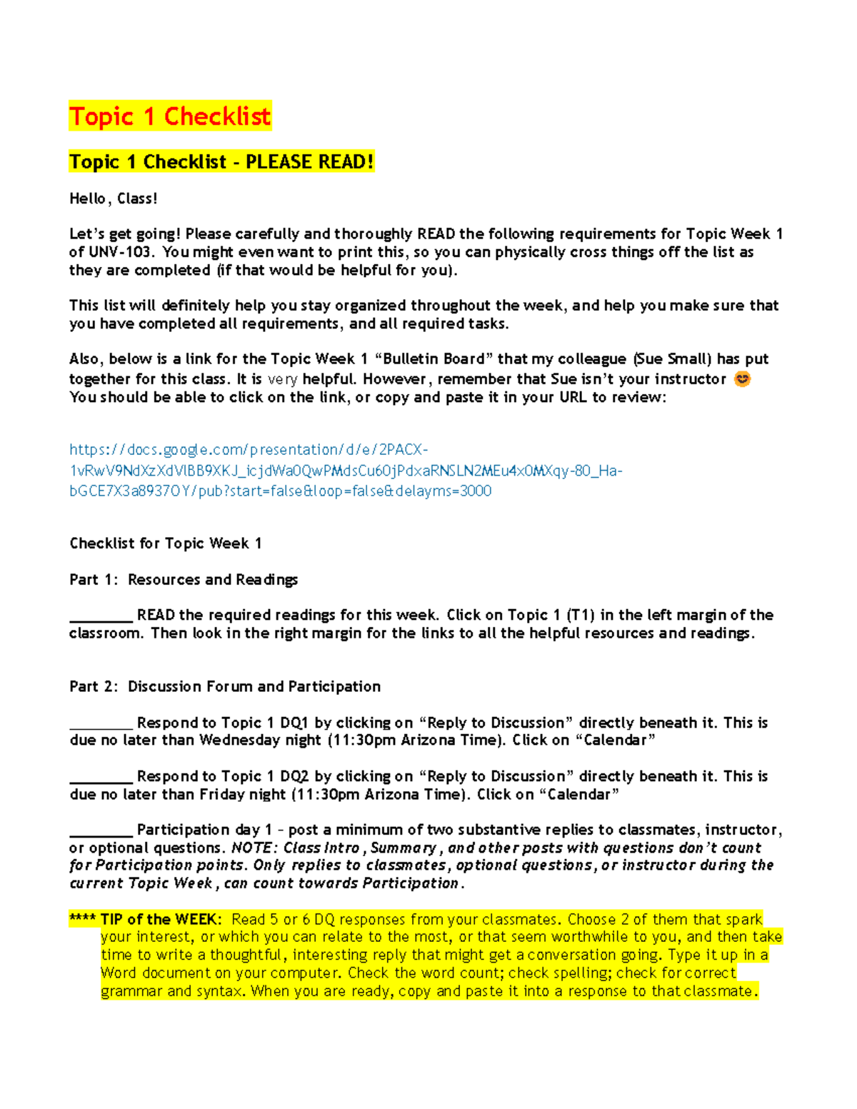 Topic 1 Checklist - Topic 1 Checklist Topic 1 Checklist - PLEASE READ ...