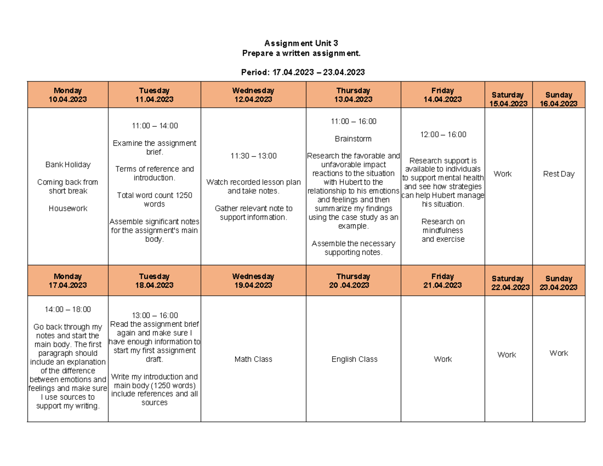 Time Table Assignment 3 - Assignment Unit 3 Prepare a written assignment. Period: 17.04 – 23 ...