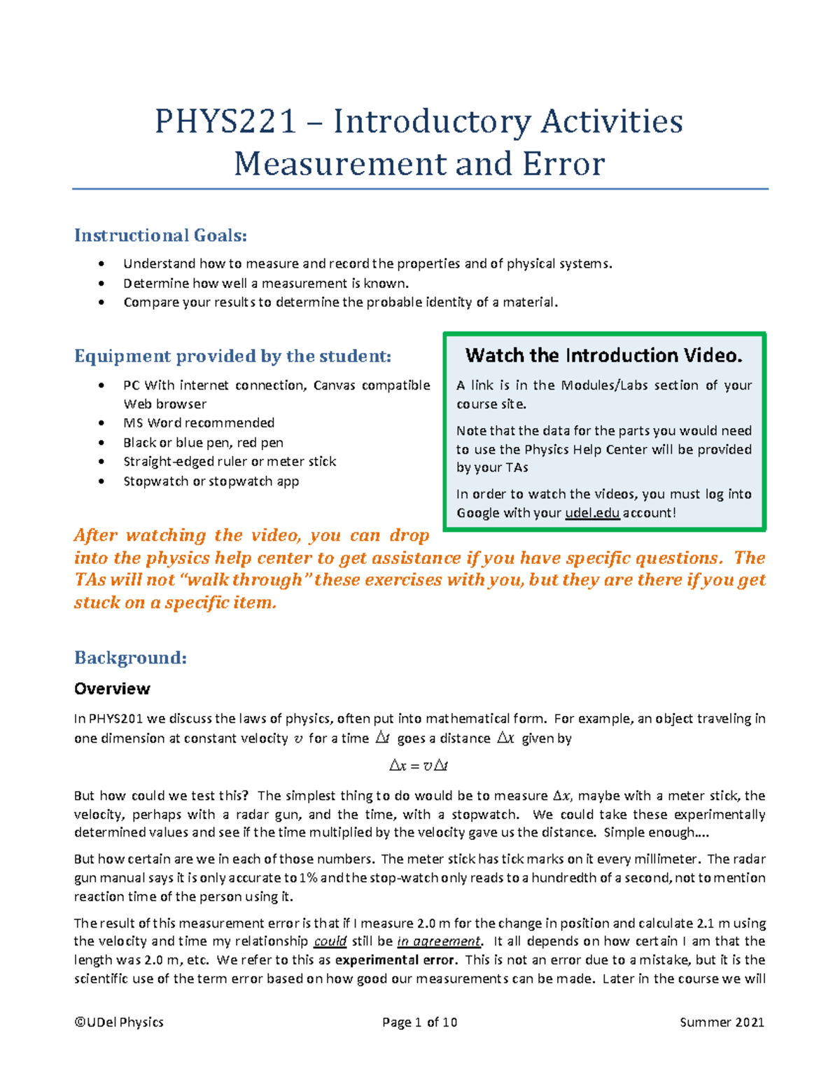 0 - Introductory Activities - Measurement - ©UDel Physics Page 1 of 10 ...