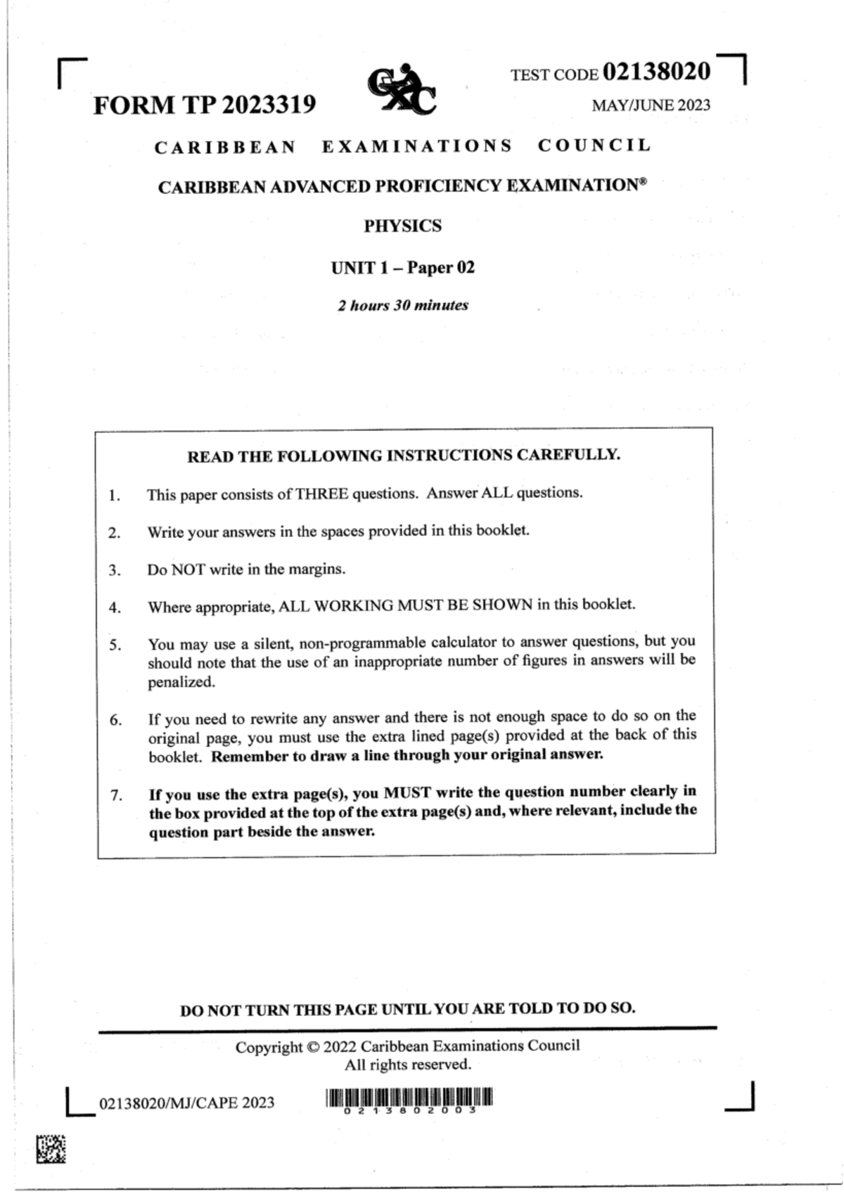 CAPE Physics 2023 U1 P2 - Past paper - Cape physics - Studocu