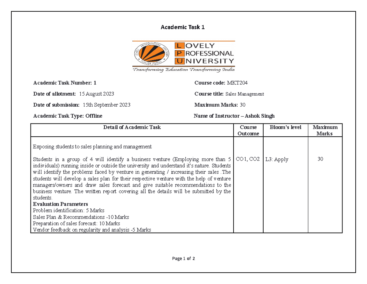 A821228986 30814 18 2023 MKT204 CA1 - Academic Task 1 Academic Task ...