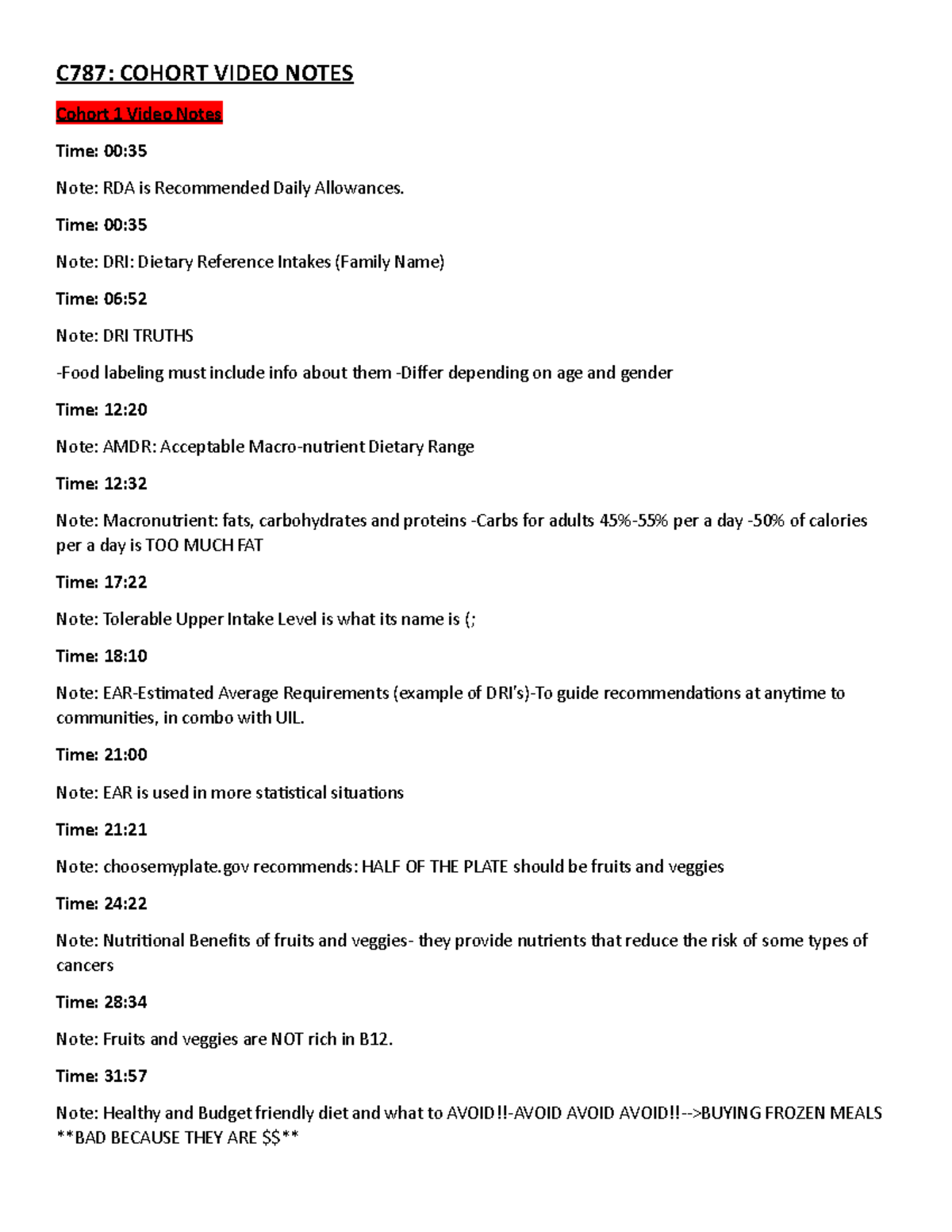 C787 Nutrition Cohort Video Notes - C787: COHORT VIDEO NOTES Cohort 1 ...