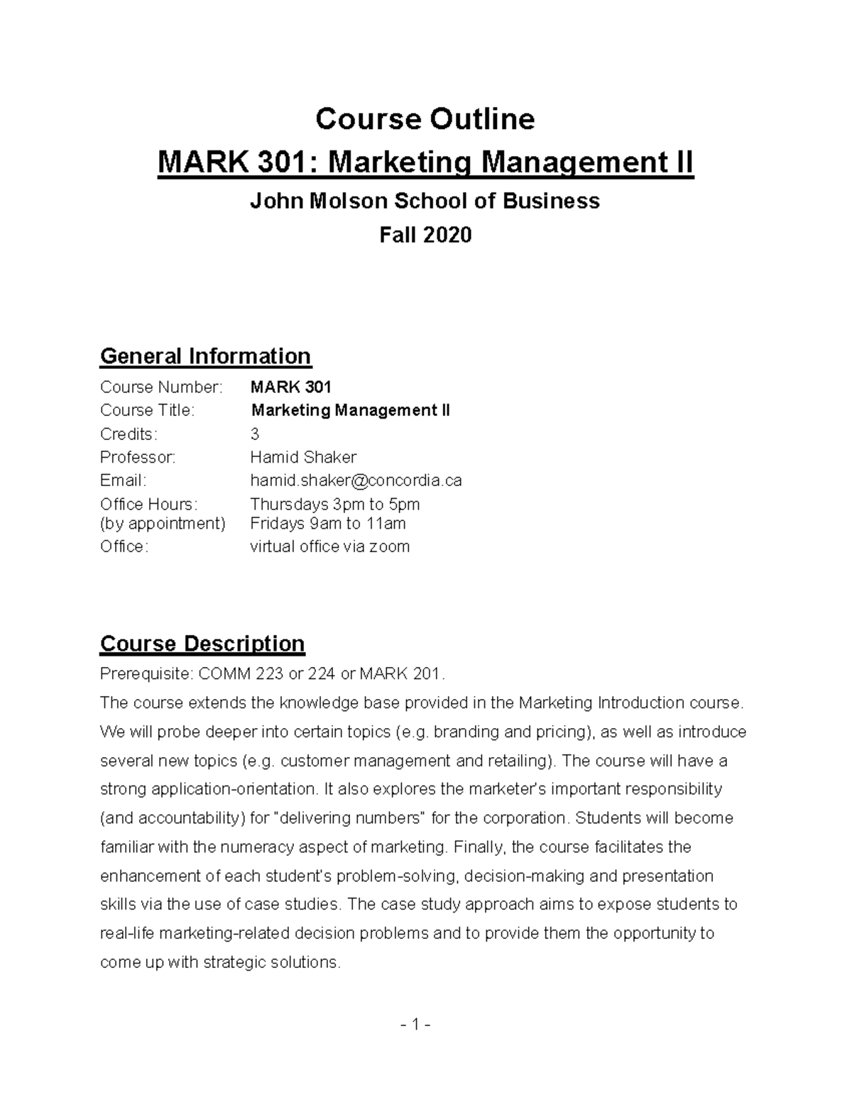 MARK 301 Course Outline with Hamid Shaker - Course Outline MARK 301 ...