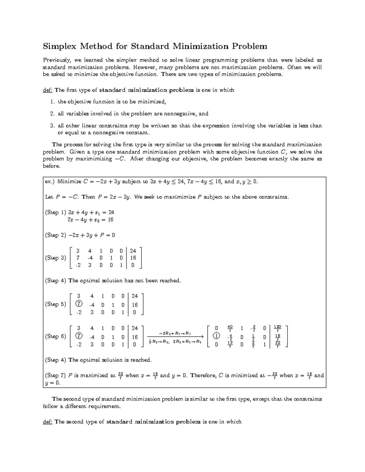 Linear Programming 2 08042014 Simplex Method For Standard Minimization Problem Previously We 4554
