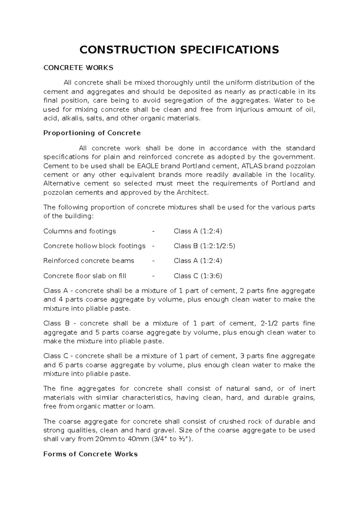 Construction-Specification - CONSTRUCTION SPECIFICATIONS CONCRETE WORKS All concrete shall be ...