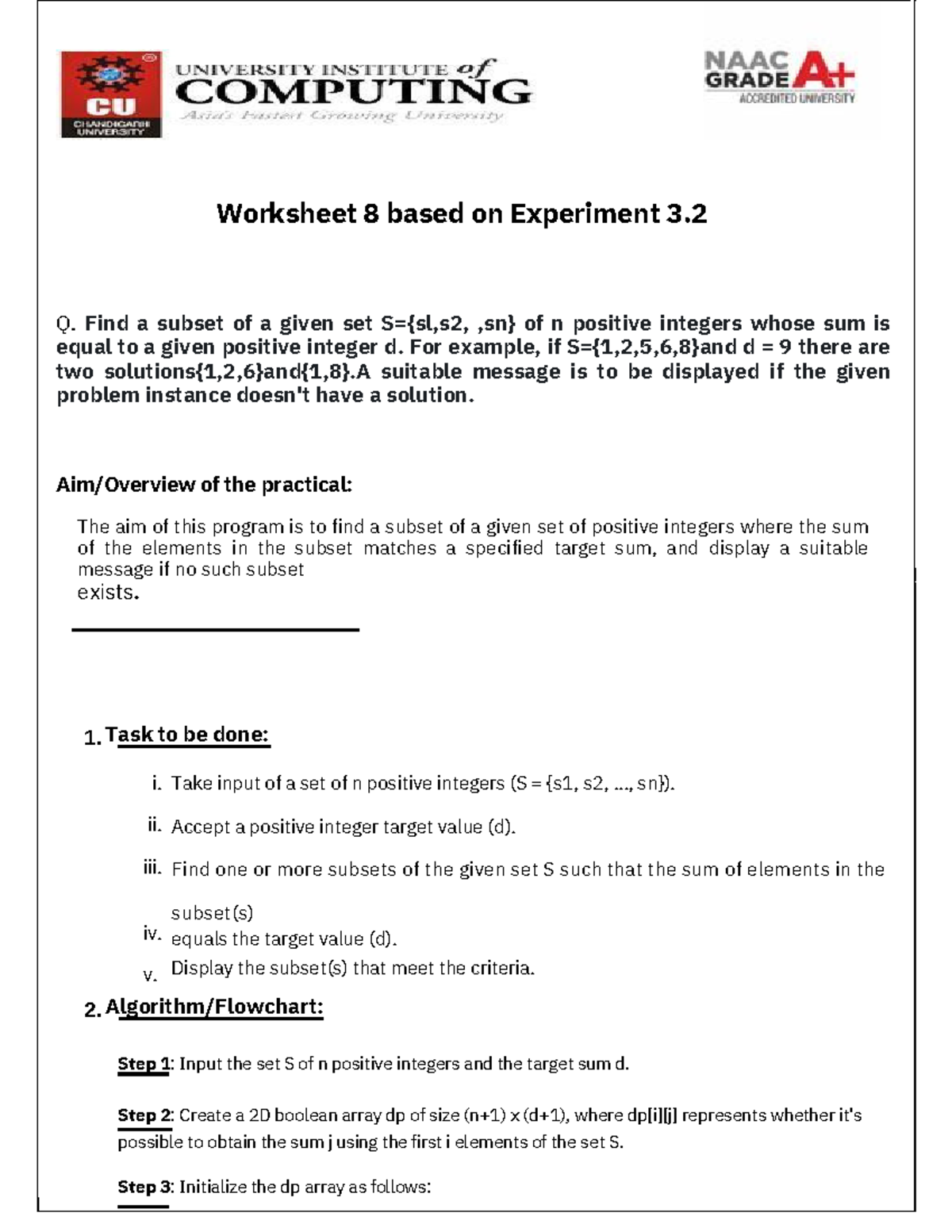 DAA Worksheet-3 - Worksheet 8 based on Experiment 3. Task to be done ...