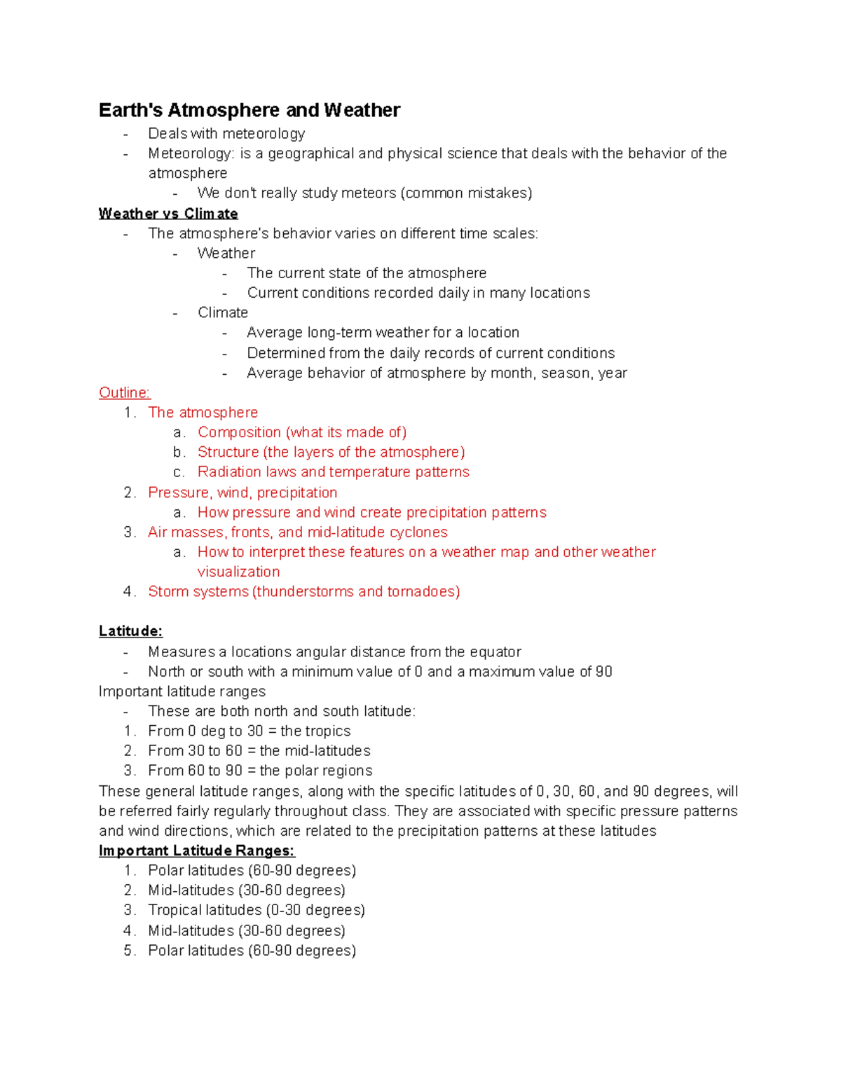 Notes for Exam 1 - Earth's Atmosphere and Weather Deals with ...