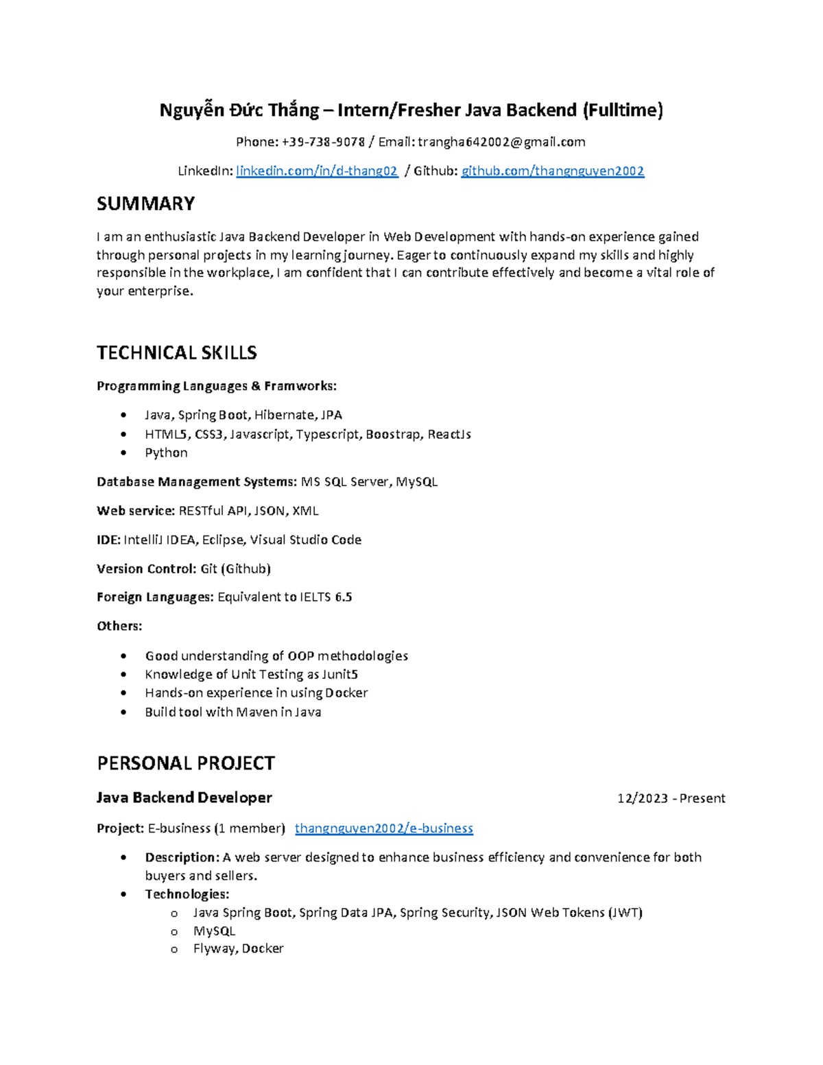Resume Nguyen Duc Thang - Nguyễn Đức Thắng – Intern/Fresher Java ...