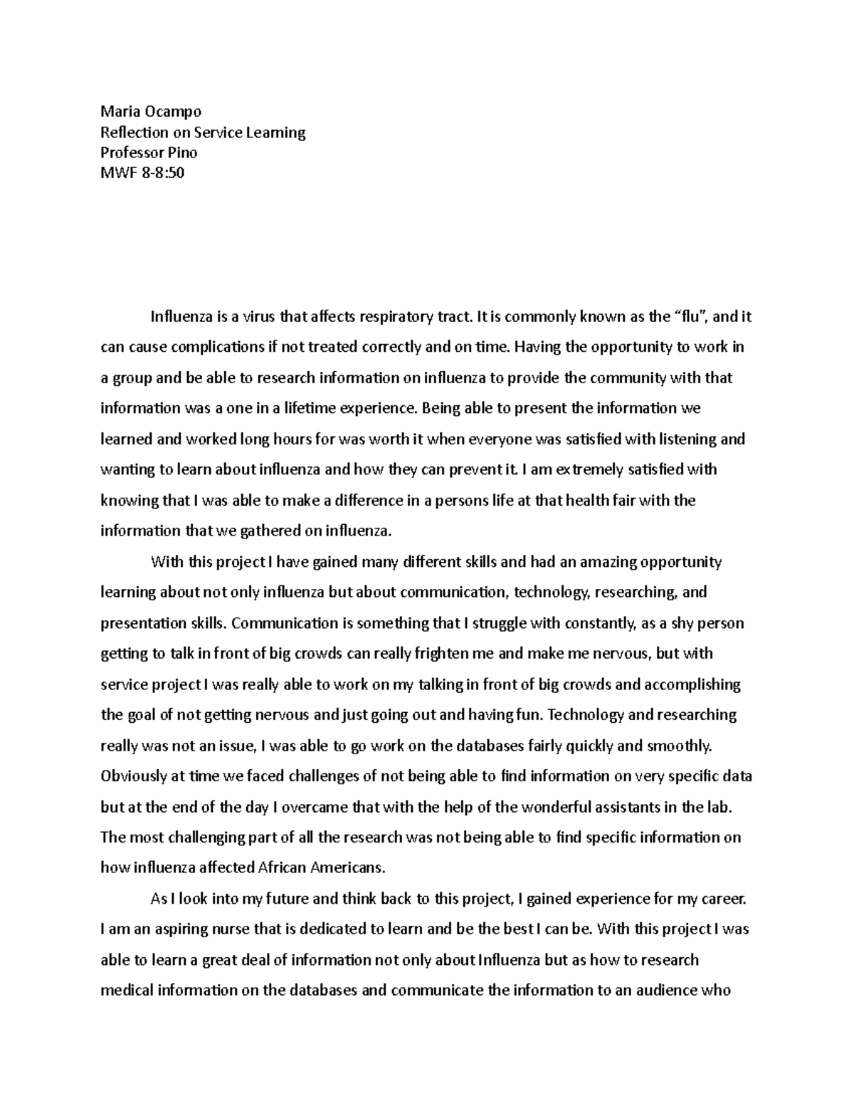 Reflection paper for pino - Maria Ocampo Reflection on Service Learning ...