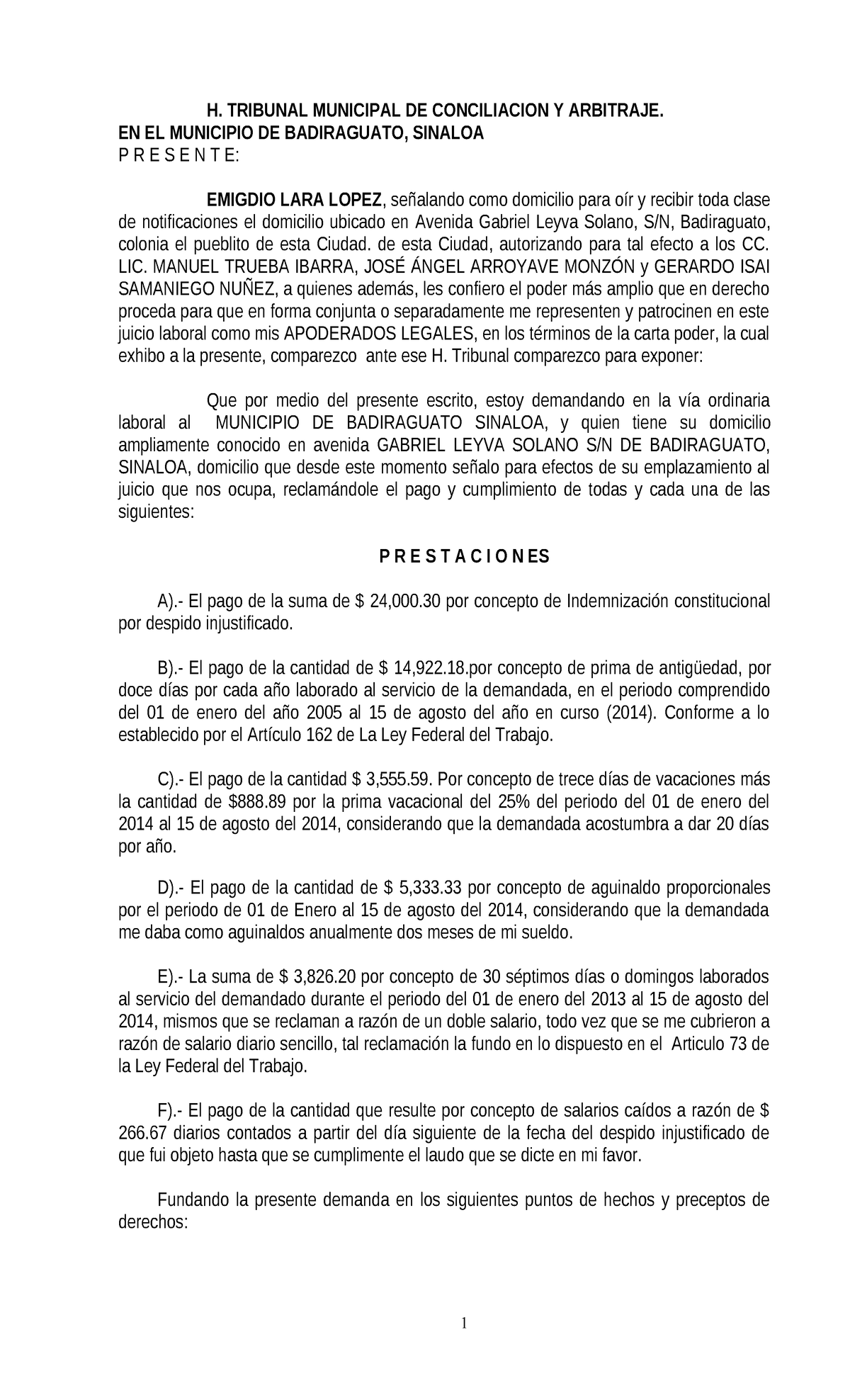 Badiraguato Demanda DE Emigdio LARA Lopez - H. TRIBUNAL MUNICIPAL DE ...