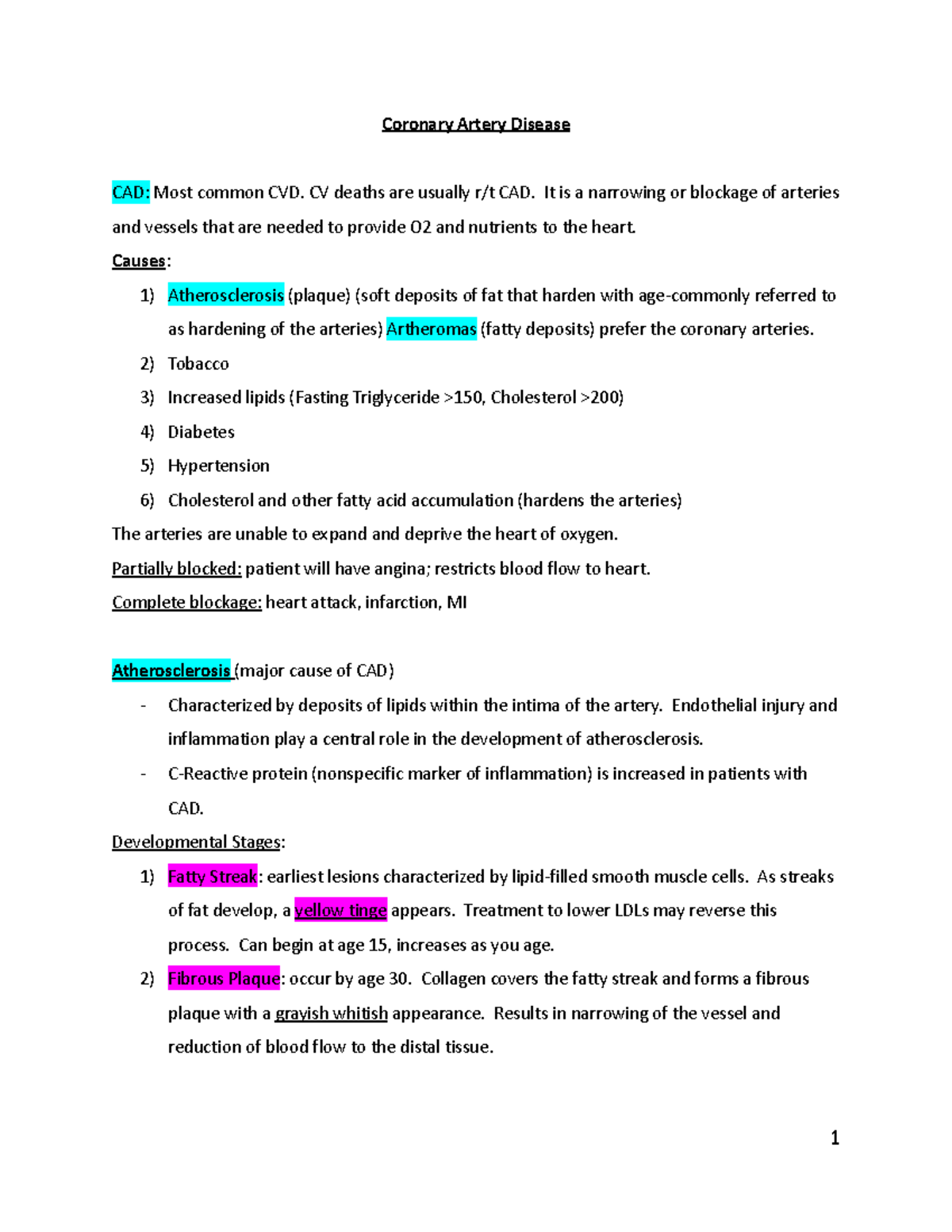 CAD ch33 - exam 1 - Coronary Artery Disease CAD: Most common CVD. CV ...