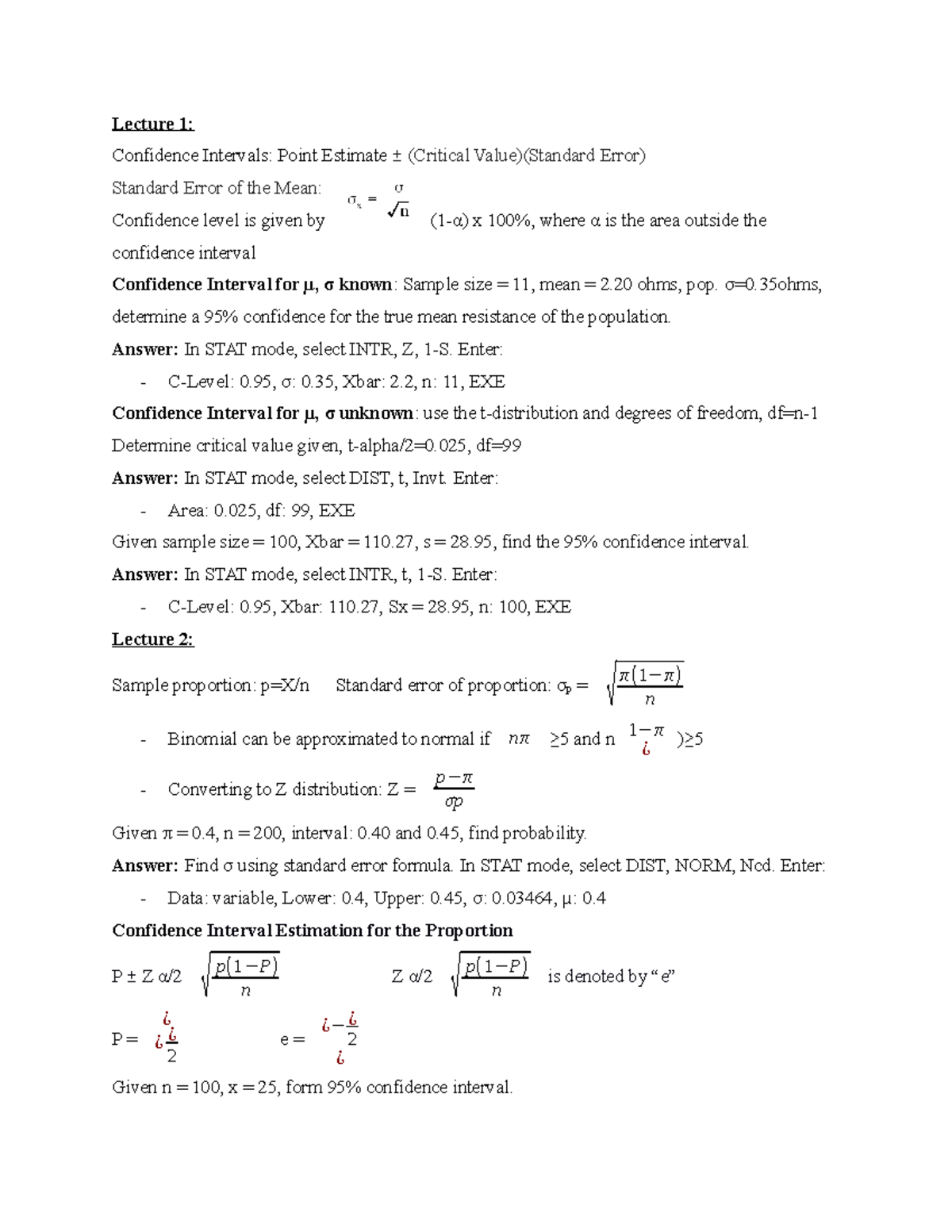 Test 1 Crib Sheet - Lecture 1: Confidence Intervals: Point Estimate ± ...