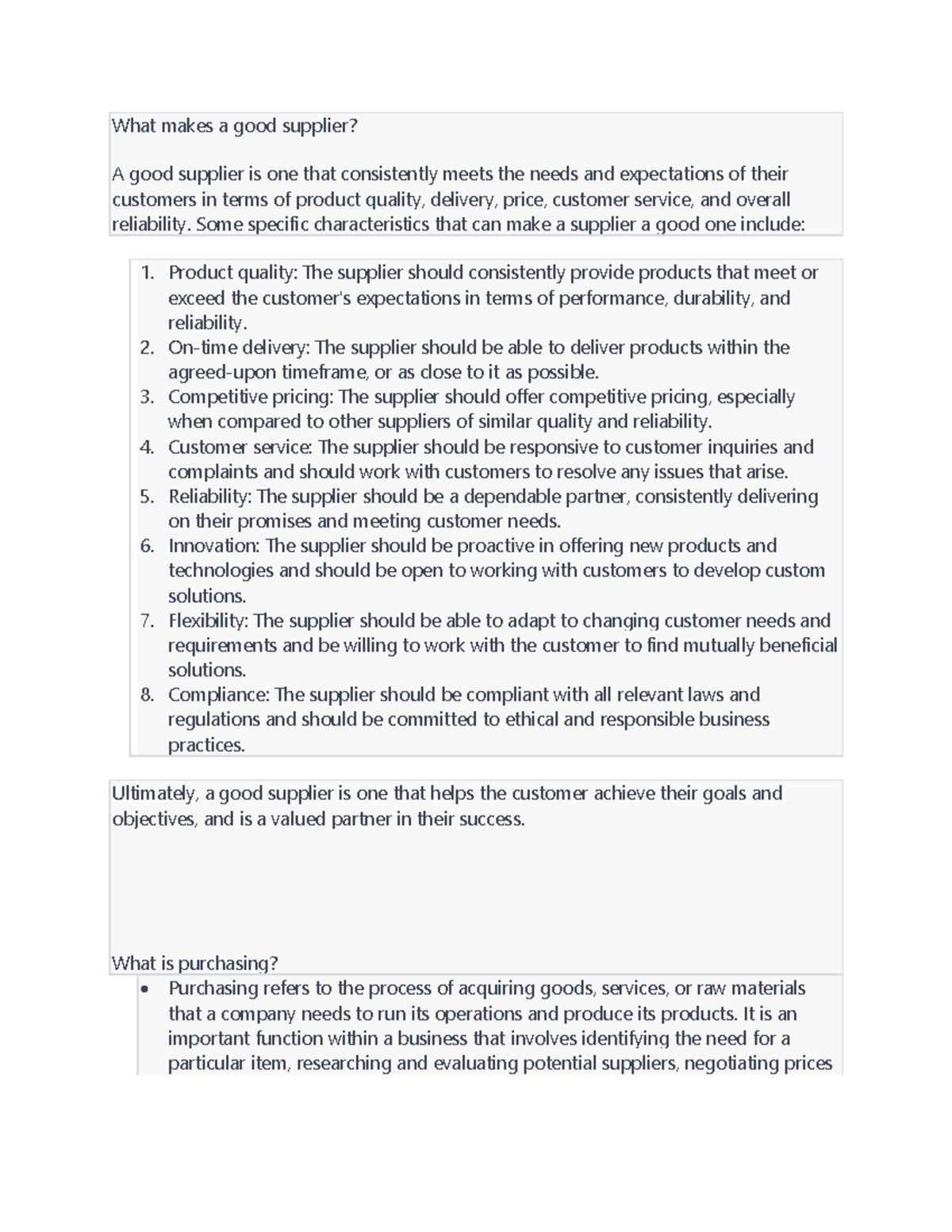 Purchasing - assignment - What makes a good supplier? A good supplier ...