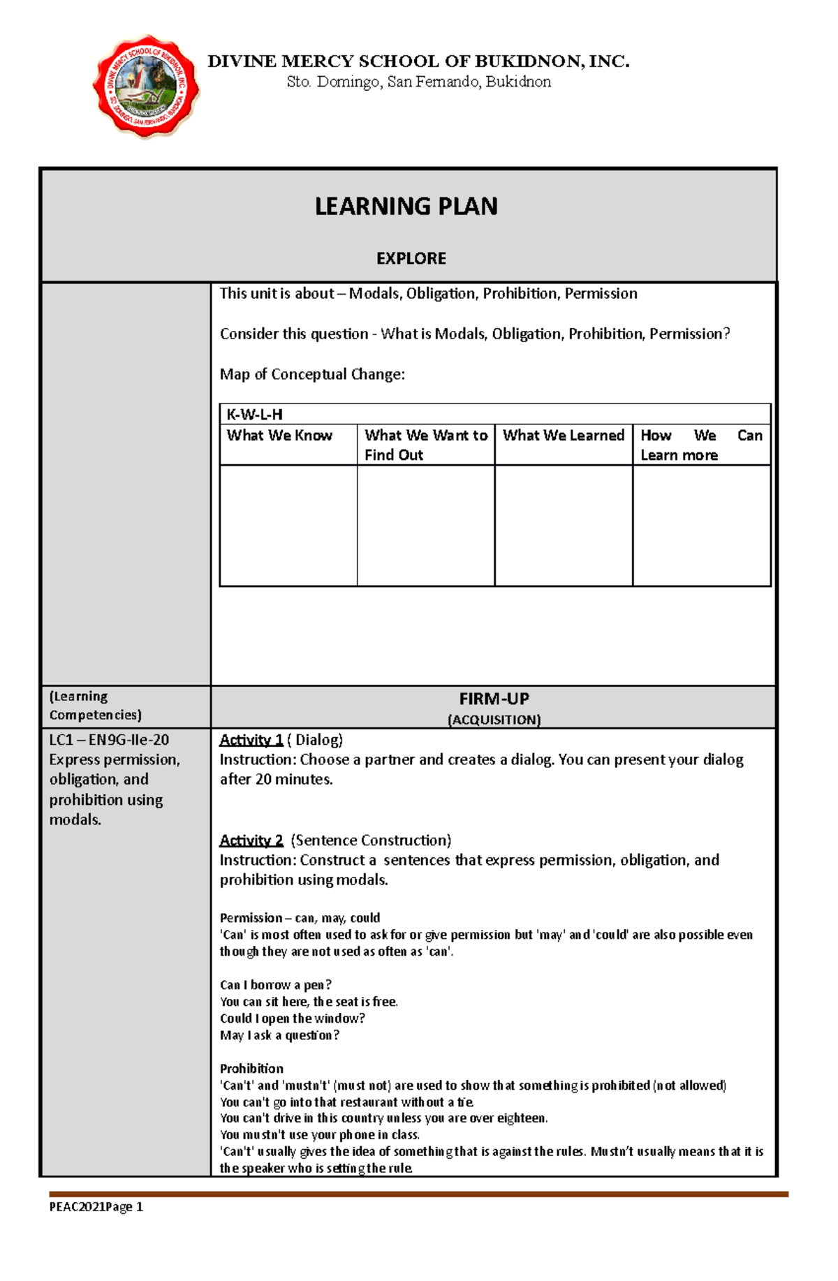 English Learning-PLAN-Q1 - DIVINE MERCY SCHOOL OF BUKIDNON, INC. Sto ...