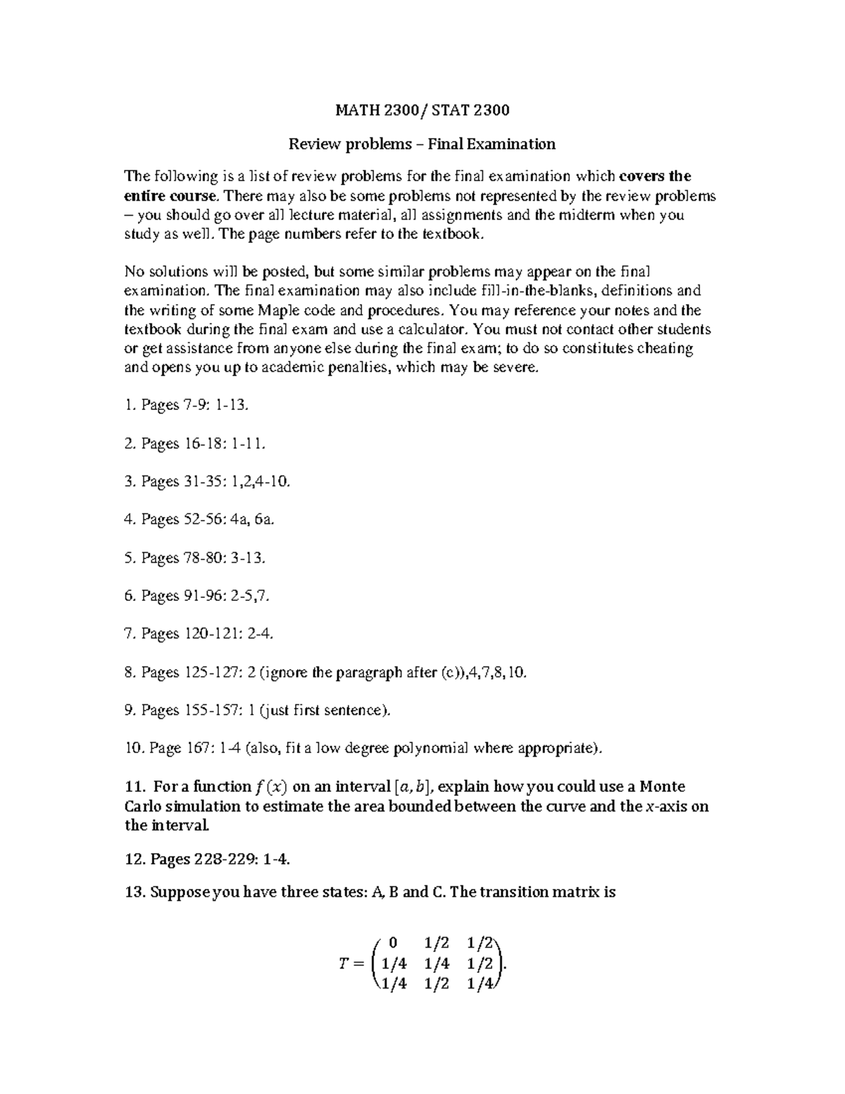 Exam 2020 - MATH 2300/ STAT 2300 Review problems – Final Examination ...
