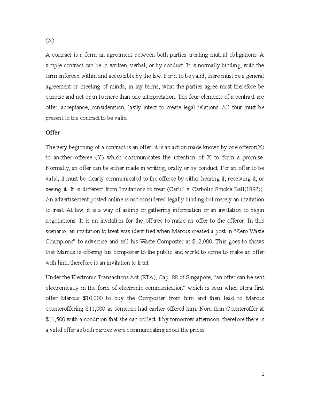 BUS201 TMA01 TMA SUBMISSION CONTRACT LAW SUSS - (A) A contract is a ...