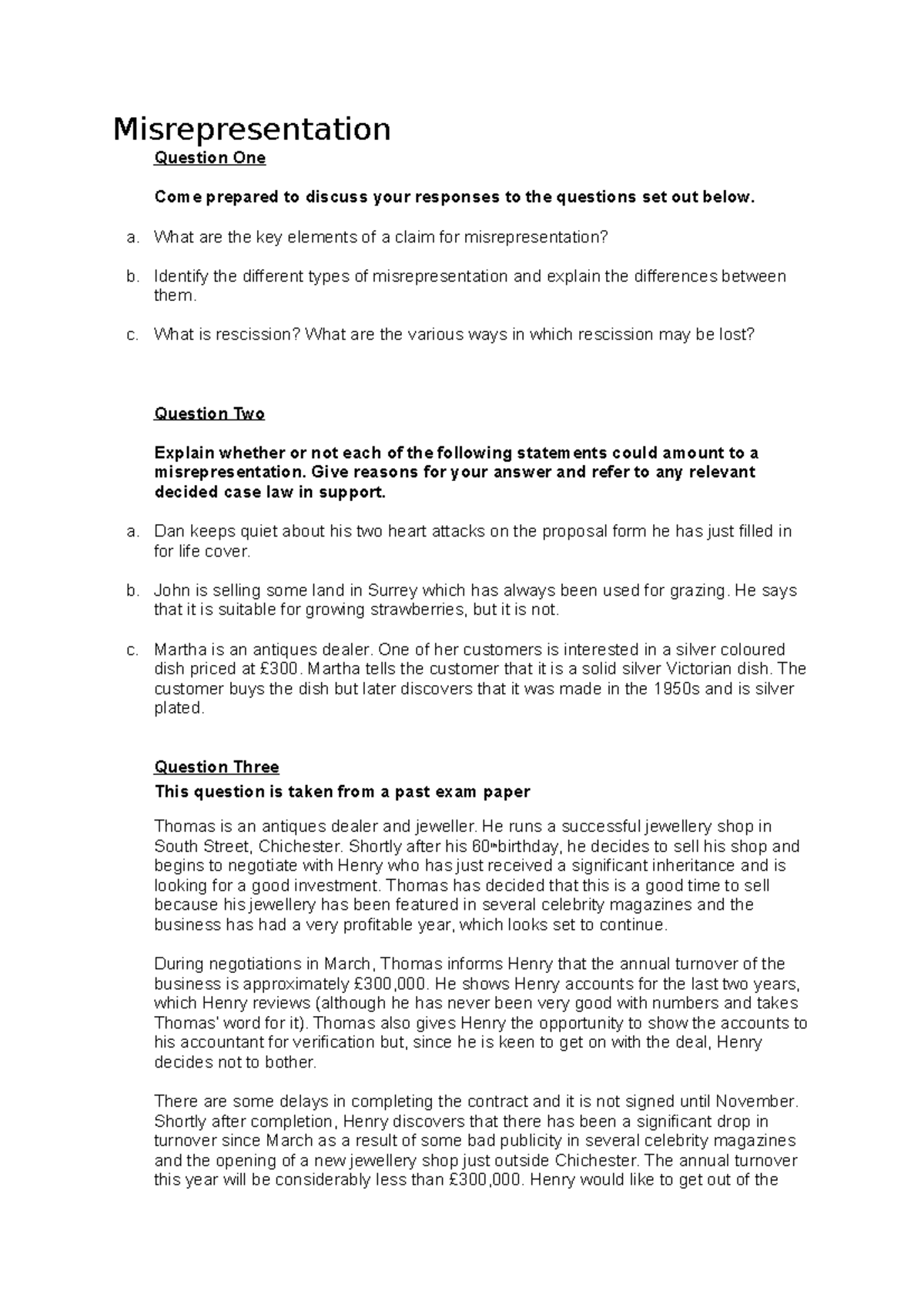 Misrepresentation Seminar 12 - Misrepresentation Question One Come ...