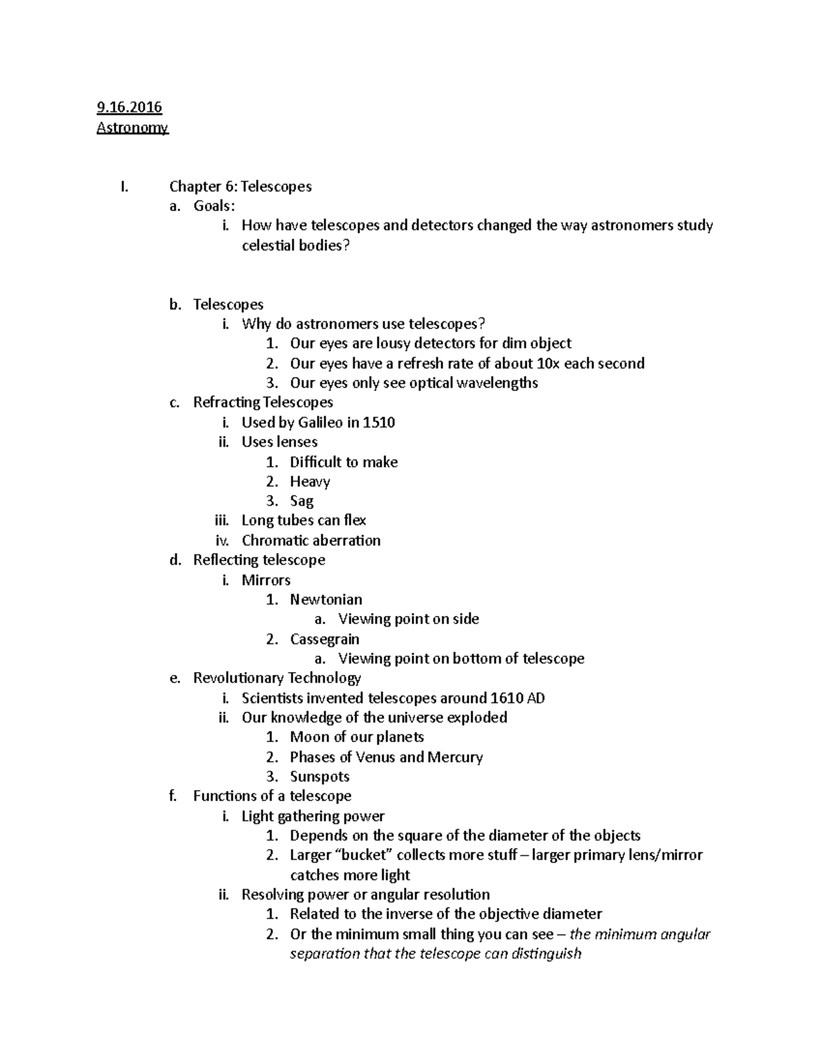Astronomy 9 - Chapter Summary - 9.16 Astronomy I. Chapter 6: Telescopes ...