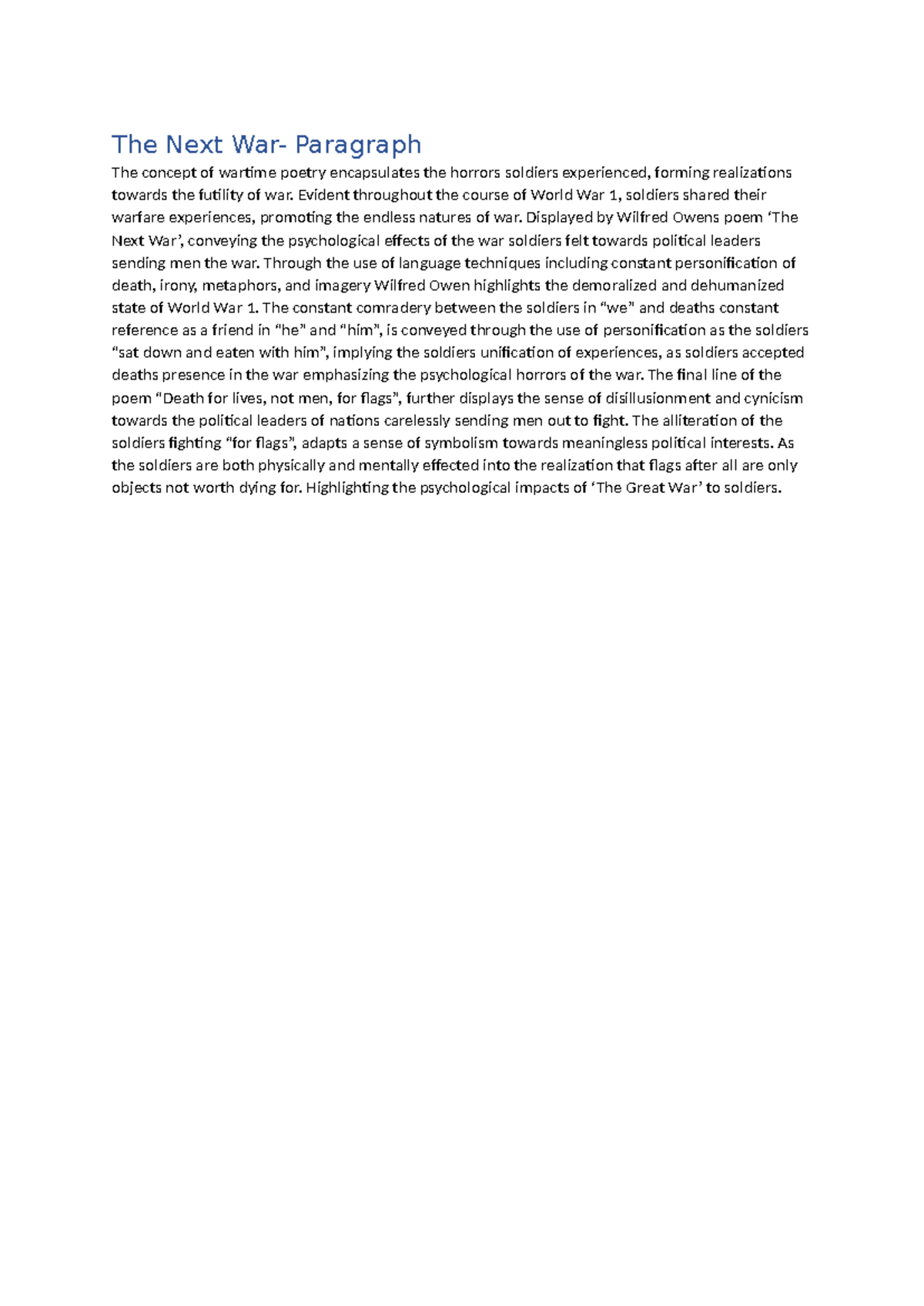 Next War Paragraph - Notes - The Next War- Paragraph The concept of ...