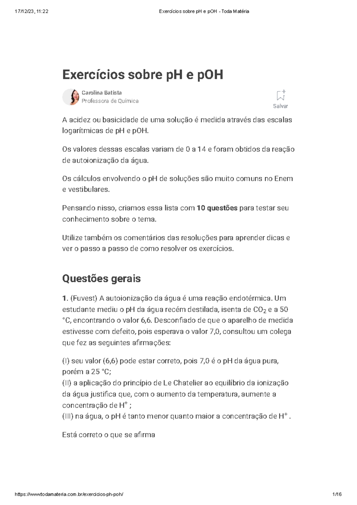 Exercícios sobre p H e p OH - Toda Matéria - Cópia - Exercícios sobre pH e pOH Carolina Batista ...