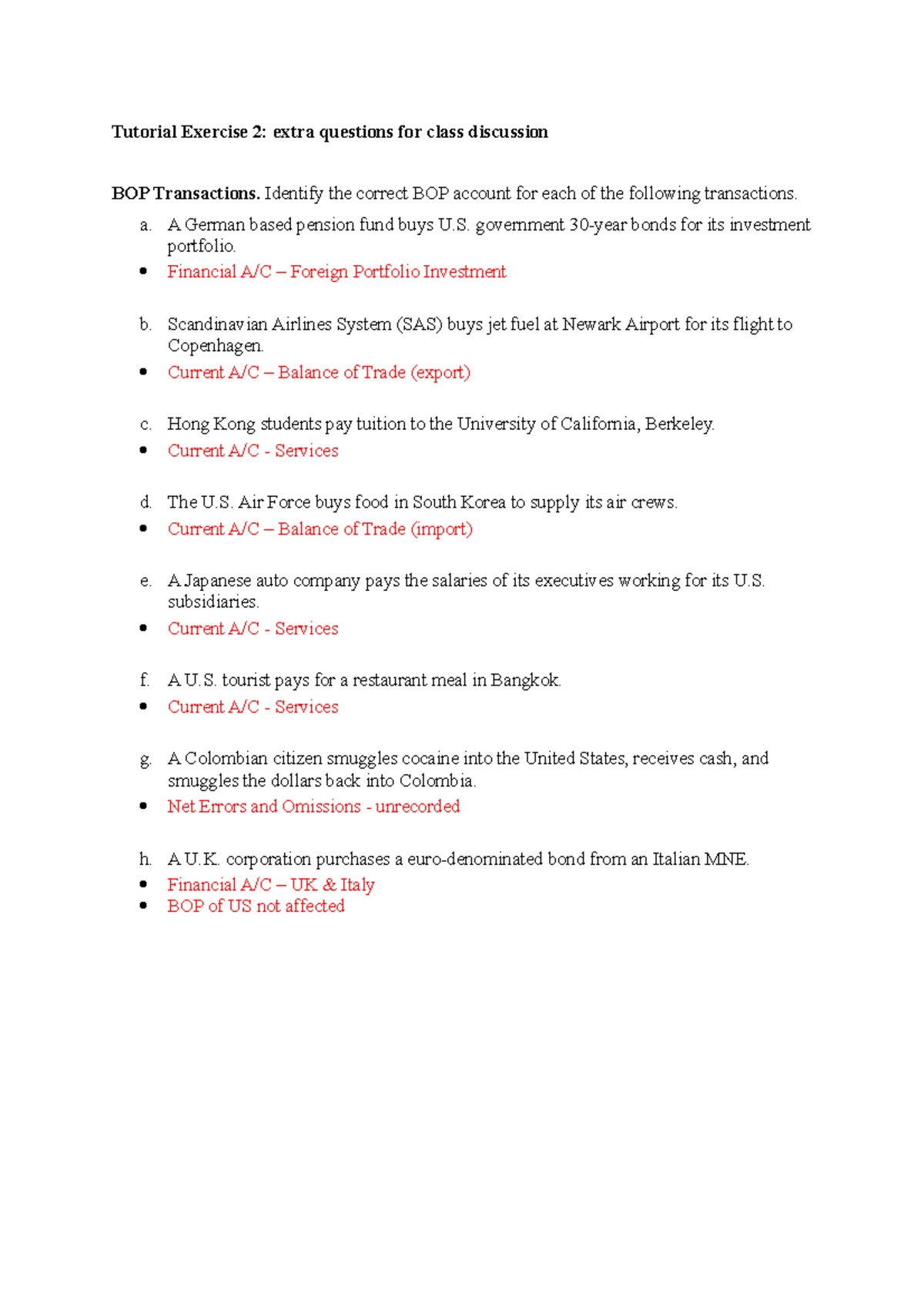 Tutorial Exercise 2 - extra - Identify the correct BOP account for each ...