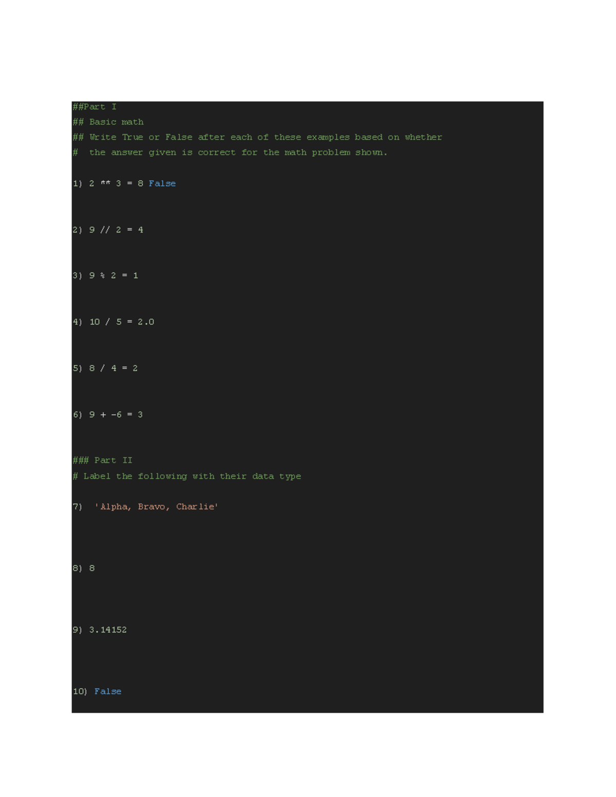 Python Hw 3 Inst201 Part I Basic Math Write True Or False After Each Of These Examples
