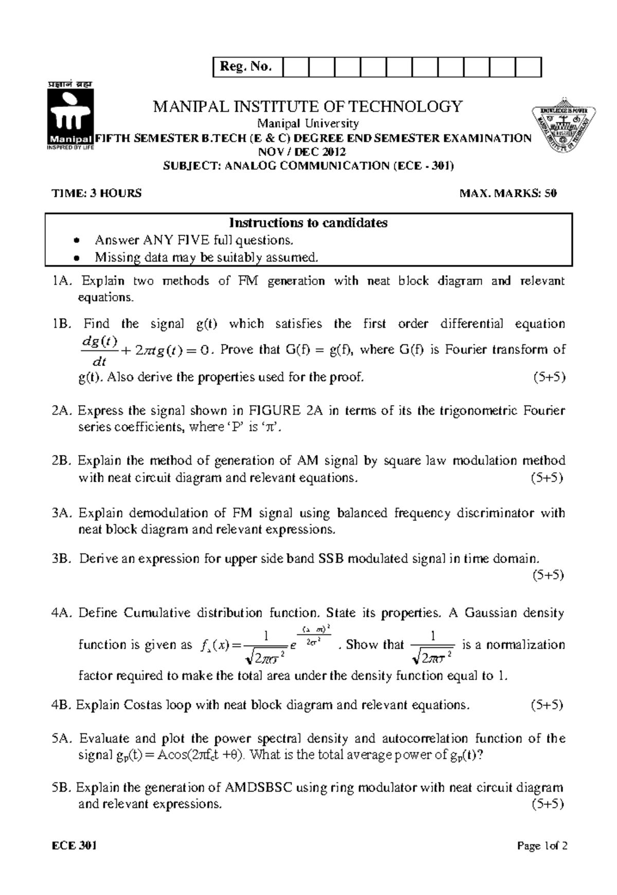 AC 2012 makeup - End semester papers - Reg. No. MANIPAL INSTITUTE OF ...