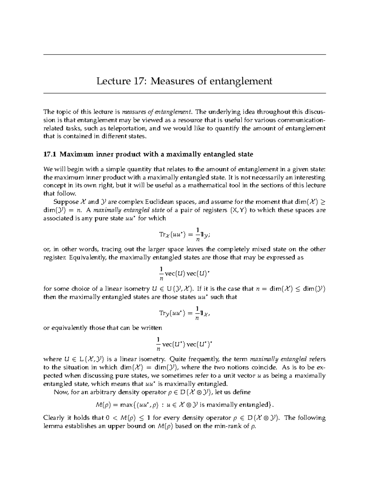 Lecture 17: Measures of entanglement - CS 820 Theory of Quantum Information (Fall 2011) Lecture ...
