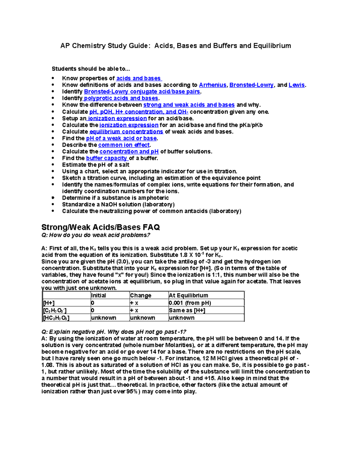 Acids Bases Buffer and equilibrium study guide - AP Chemistry Study Guide: Acids, Bases and ...