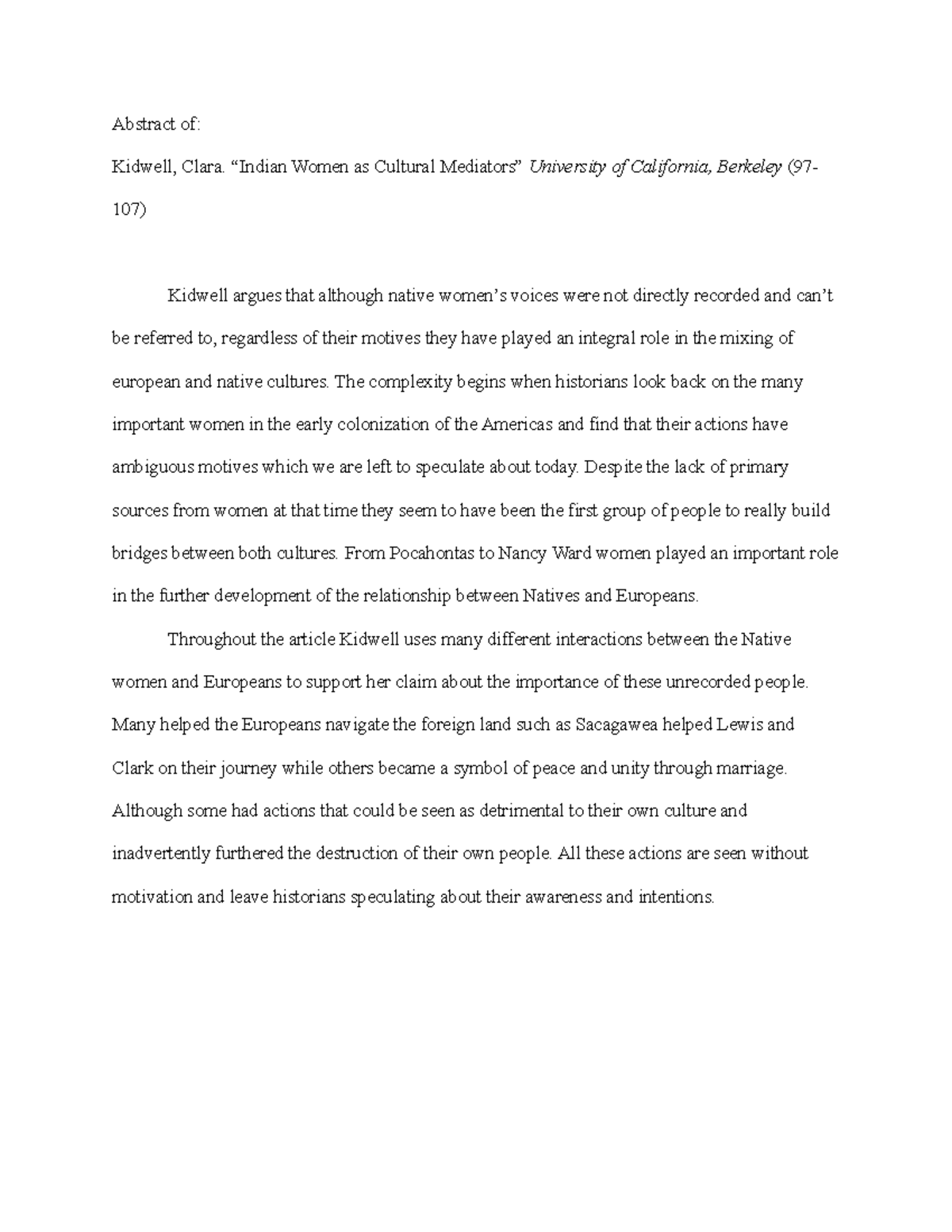 Hist 204 Kidwell Abstract - Abstract of: Kidwell, Clara. “Indian Women ...