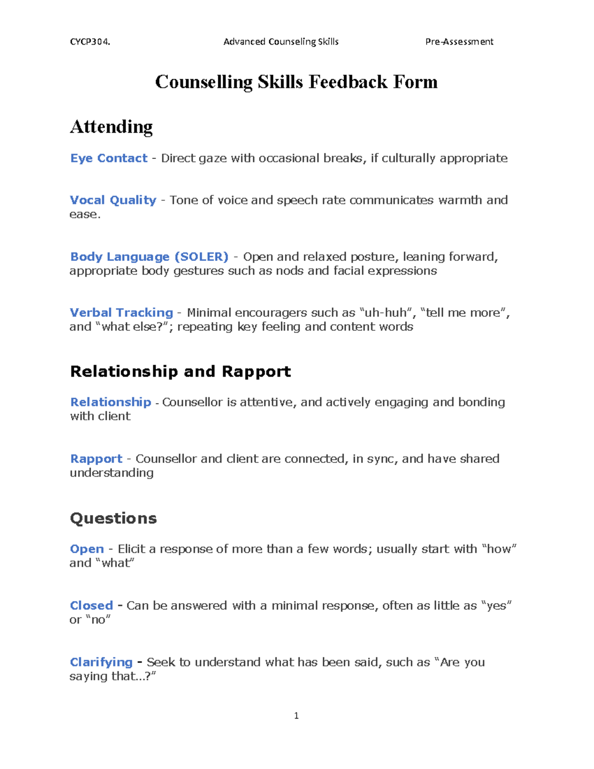 Pre-Assessment Counselling Skills Feedback Form - CYCP304. Advanced ...