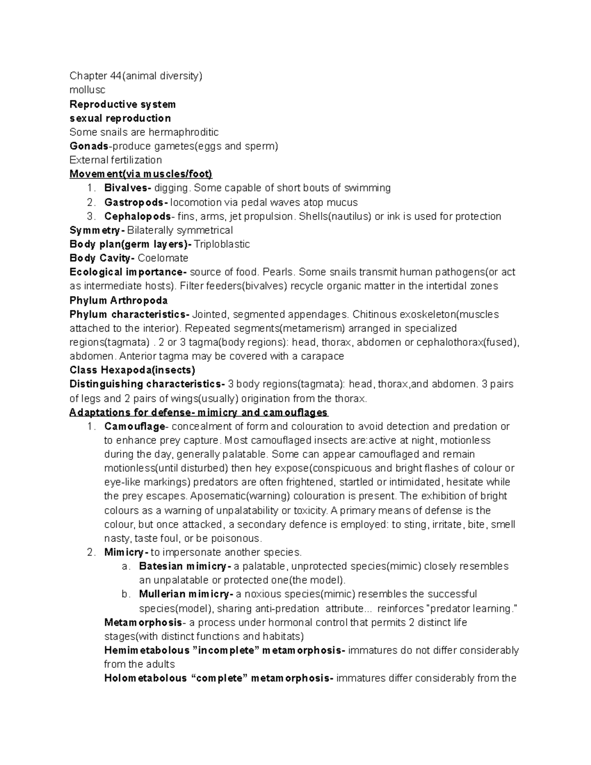 Bio chapter 44 - bio notes for 1202 - Chapter 44(animal diversity ...