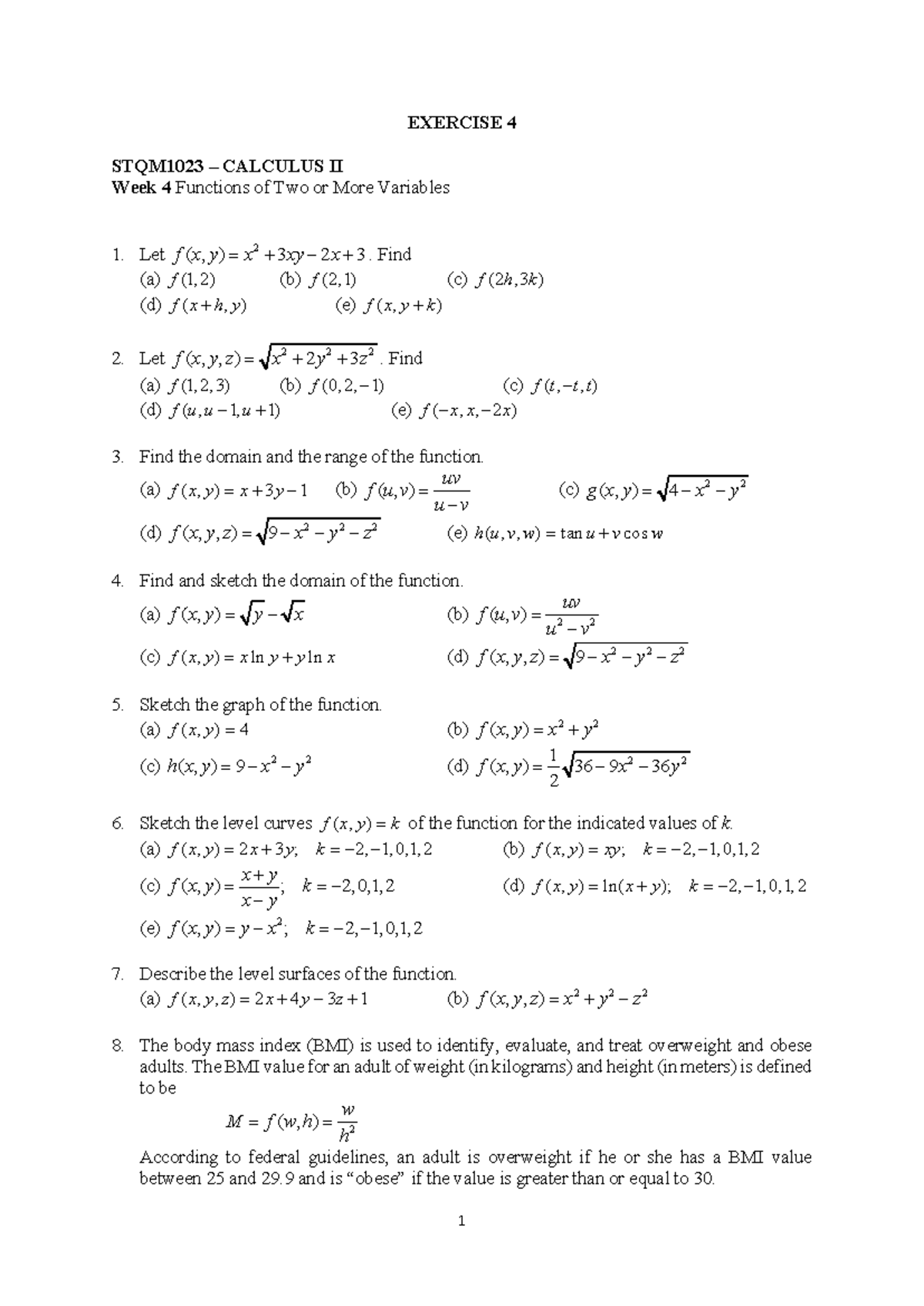 Exercise-Week4 - tutorial semester 2 - 1 EXERCISE 4 STQM1023 – CALCULUS II Week 4 Functions of ...