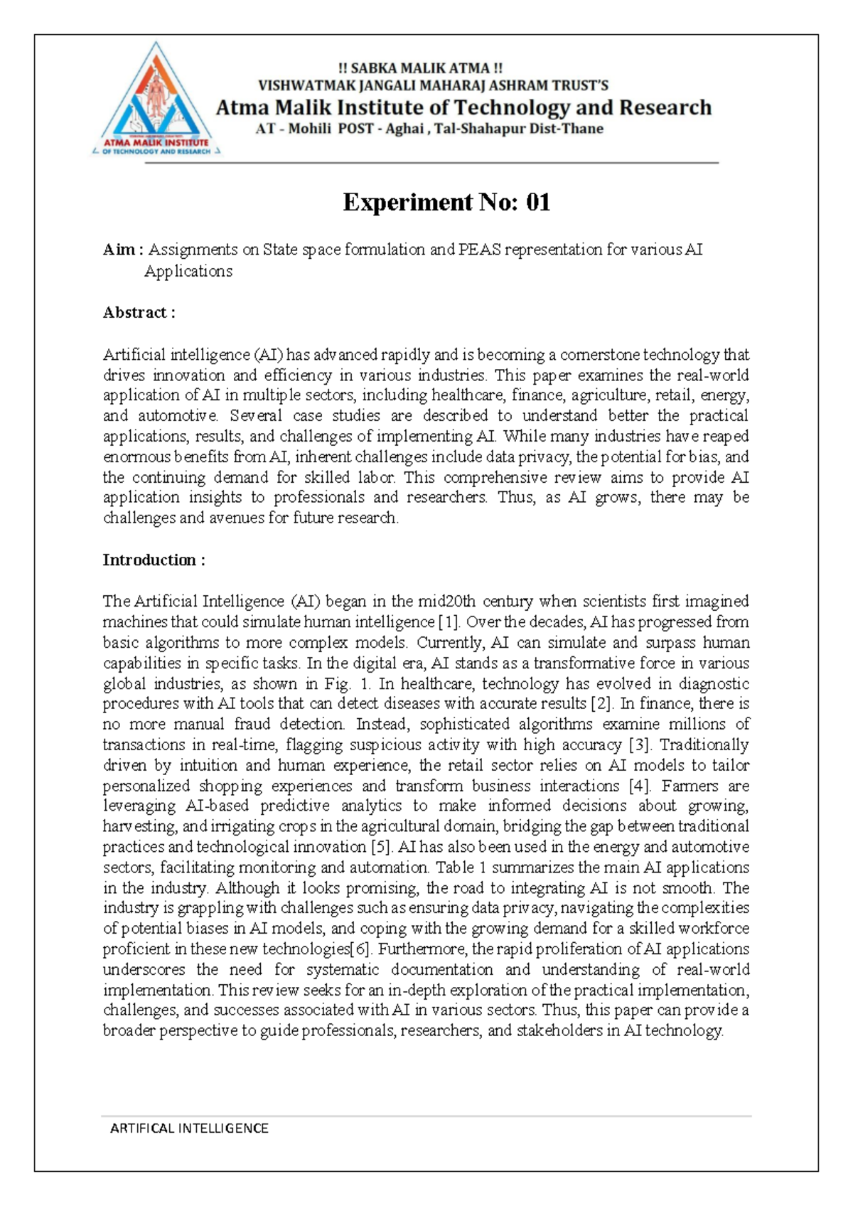 AI Experiment No 1 - Experiment No: 0 1 Aim : Assignments on State space formulation and PEAS ...