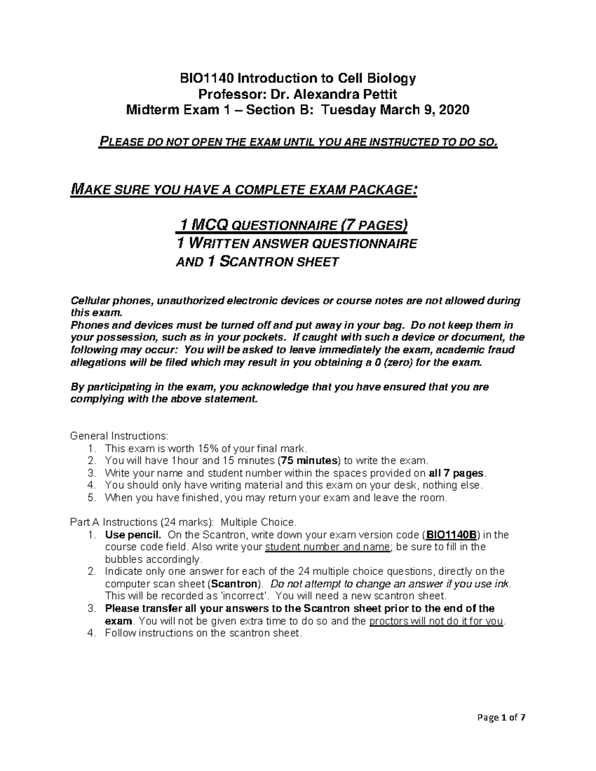 Exam 5 March 2020, questions and answers - BIO1140 Introduction to Cell ...