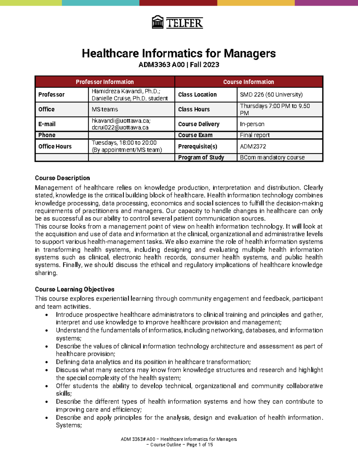 ADM 3363- Fall 2023- Course Outline - ADM 3363# A00 – Healthcare ...