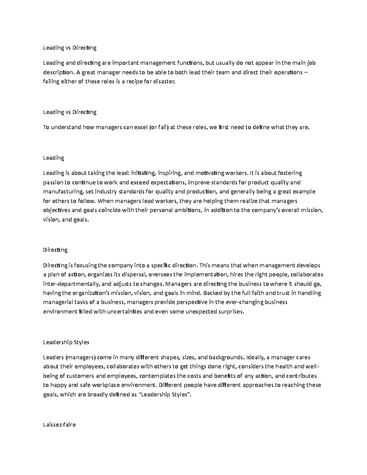 Leading vs Directing a detailed note - Leading vs Directing Leading and ...