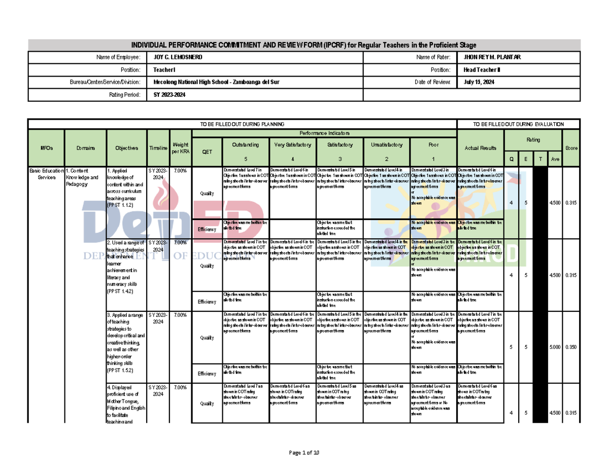 E Ipcrfv 4 - none - ####### Outstanding Very Satisfactory Satisfactory Unsatisfactory Poor ...