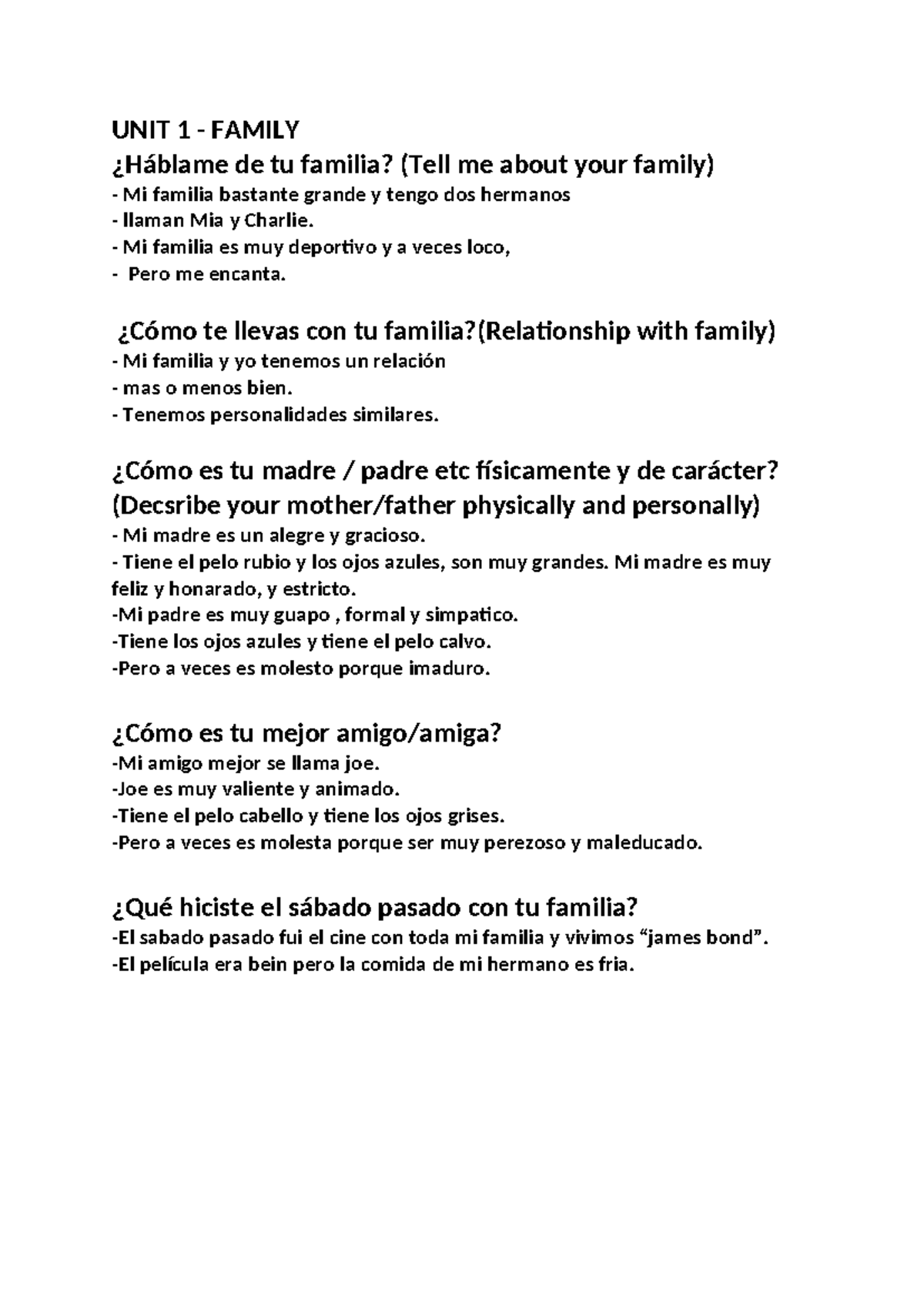 UNIT 1 - Spanish gcse unit one oral questions - UNIT 1 - FAMILY ...