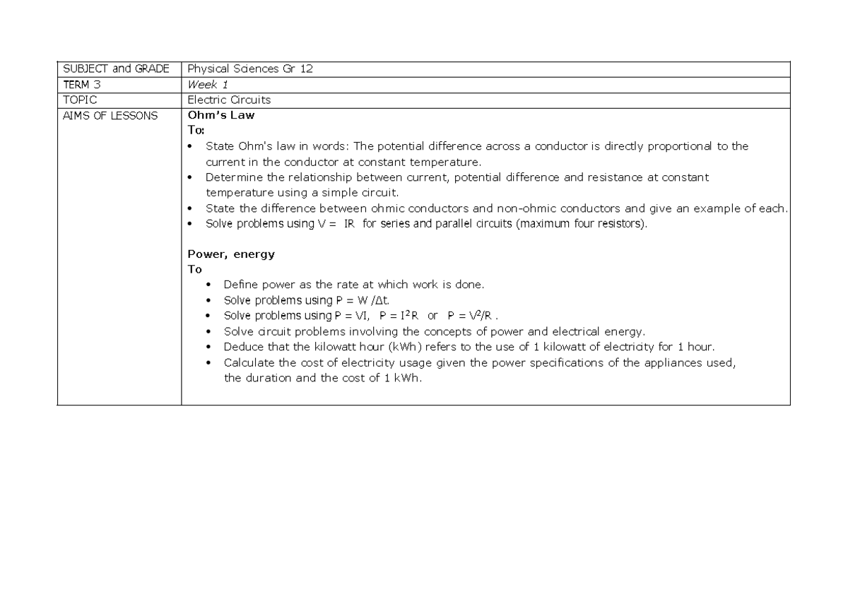 LESSON PLAN Electric Circuits TERM 3 WEEK 1-2 - SUBJECT and GRADE ...
