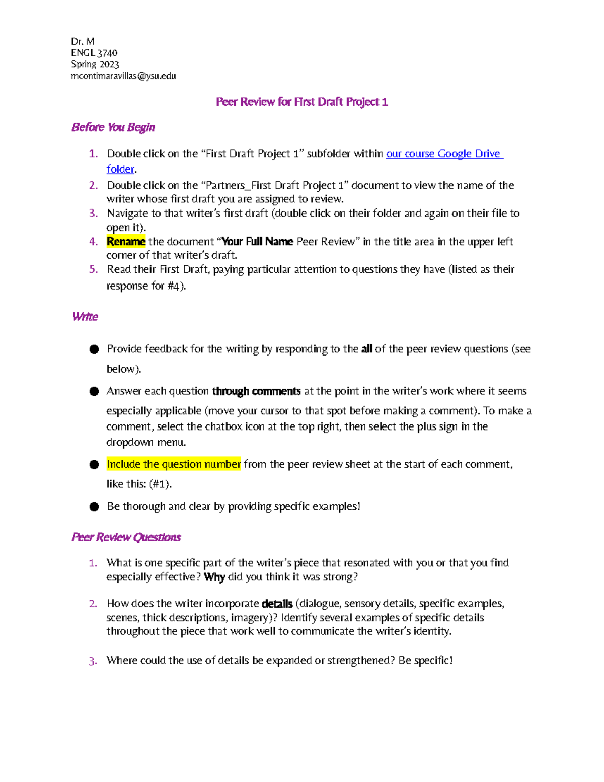 Peer Review for First Draft Project 1 - Dr. M ENGL 3740 Spring 2023 ...