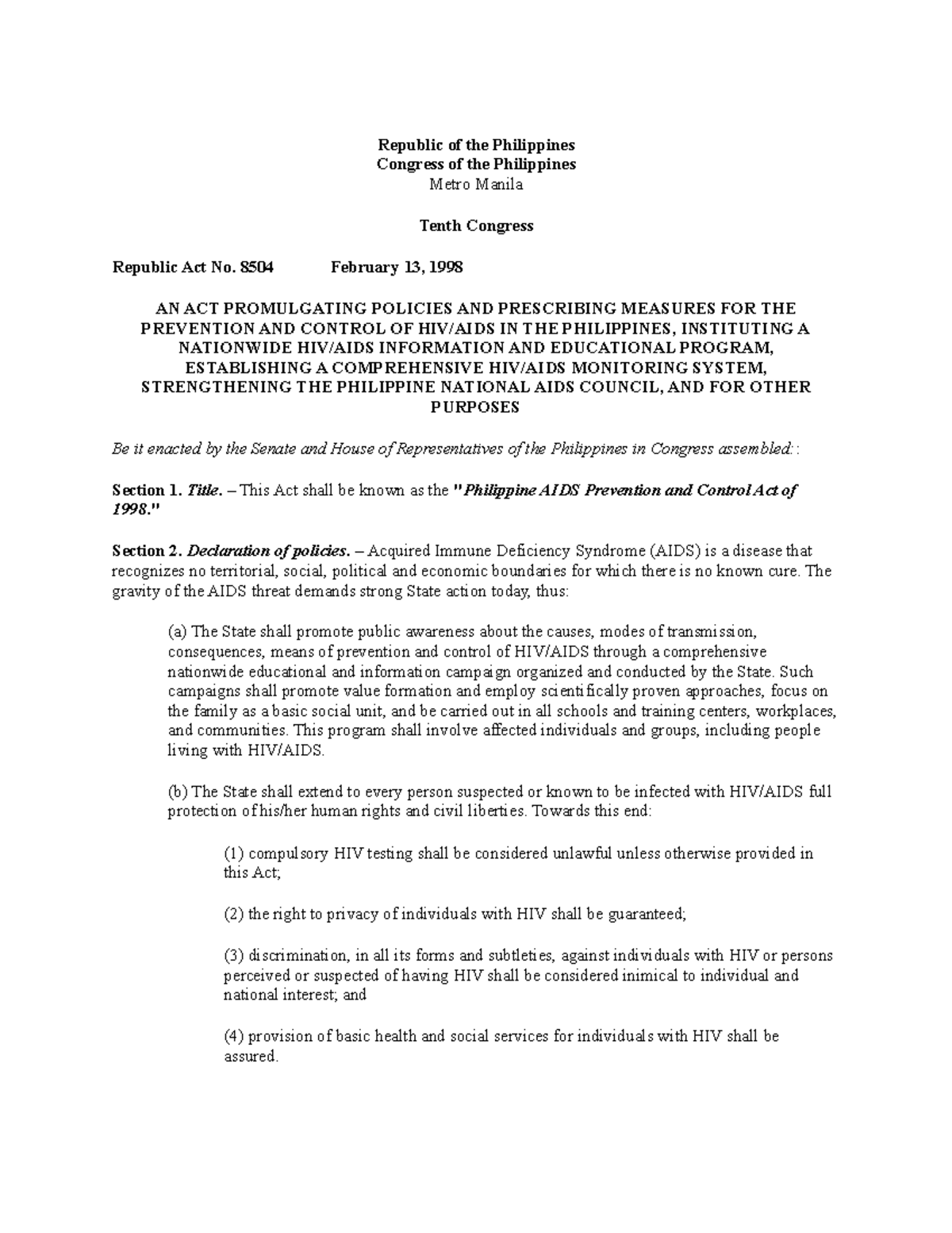 MTL-RA NO. 8504 - Republic of the Philippines Congress of the ...