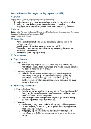 ESP 10 Day3 - Esp LESSON PLAN - Lesson Plan Subject: ESP (Edukasyon sa ...